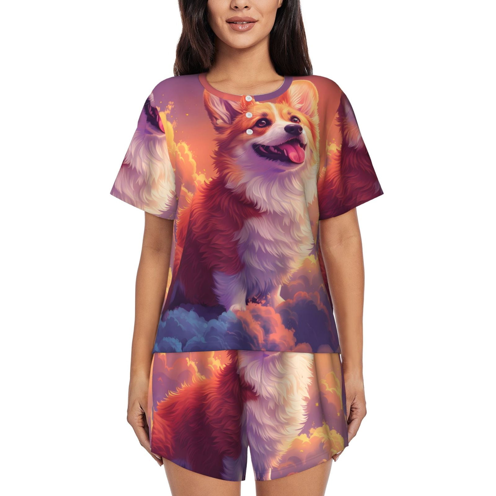 Rateoe Sunset Cloud Corgi Pattern Women's Short-Sleeved Pajama Set - 2 ...