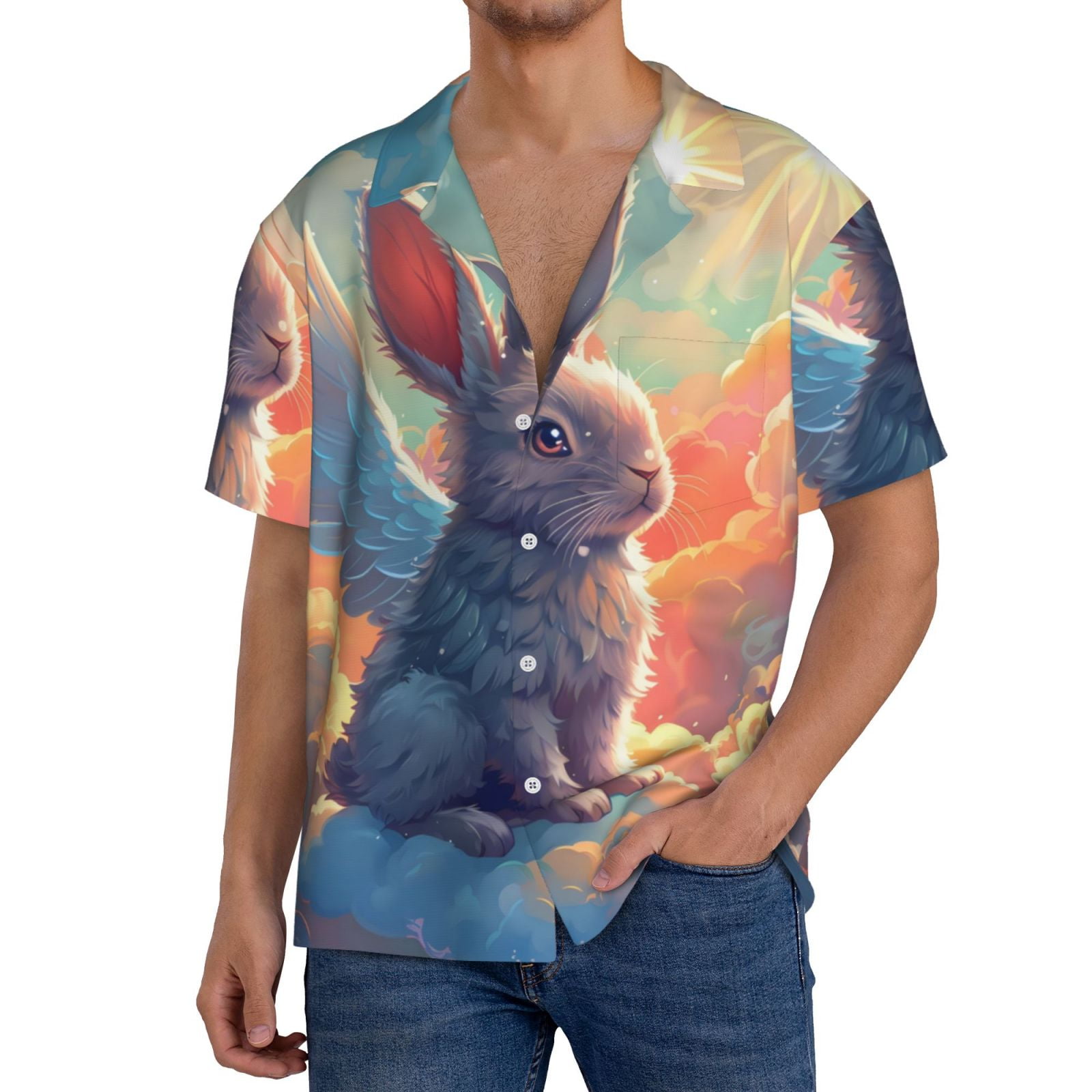 Rateoe Sunshine Winged Rabbit Pattern Men's Short Sleeve Classic Shirt ...