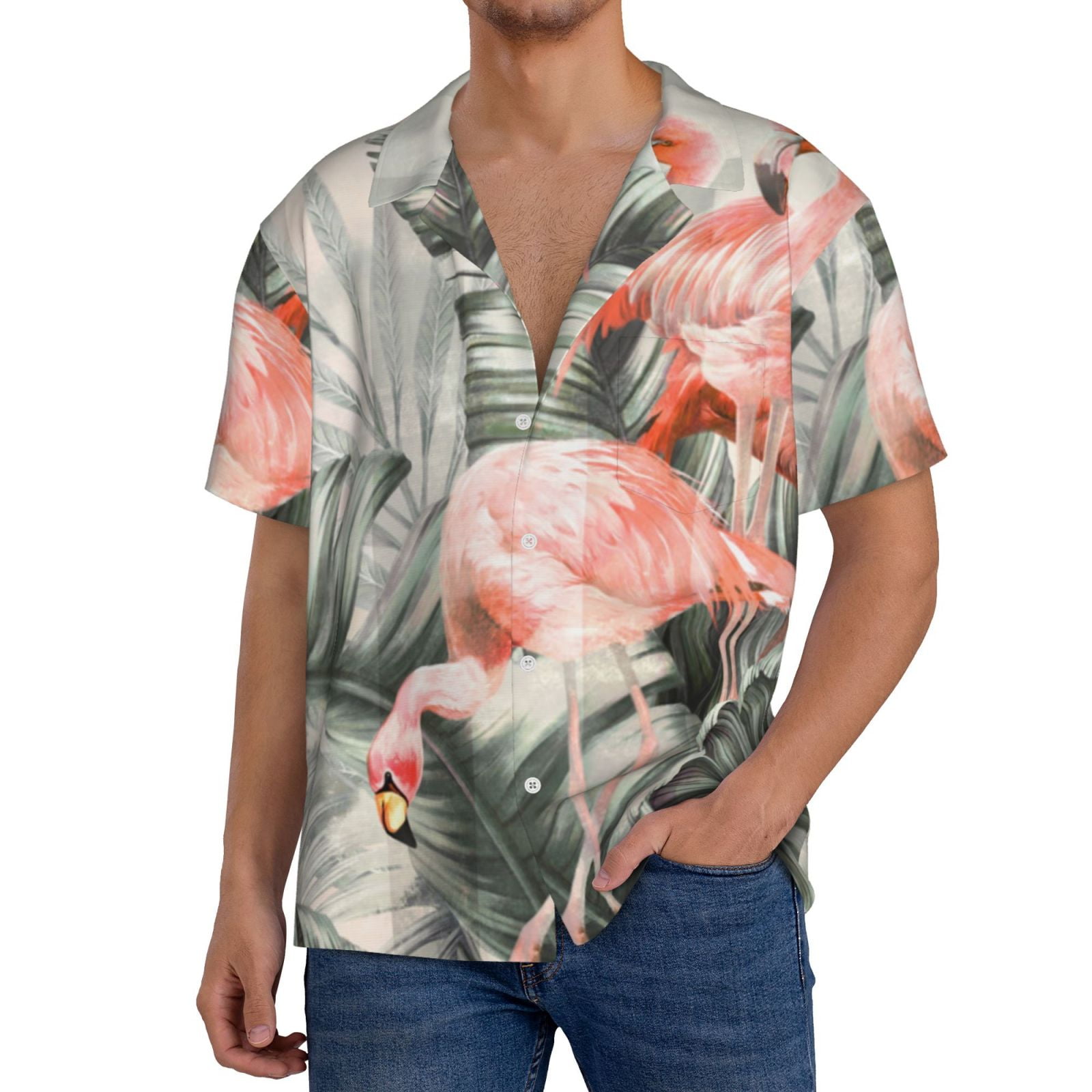 Rateoe Tropical With Flamingos Pattern Men's Short Sleeve Classic Shirt ...