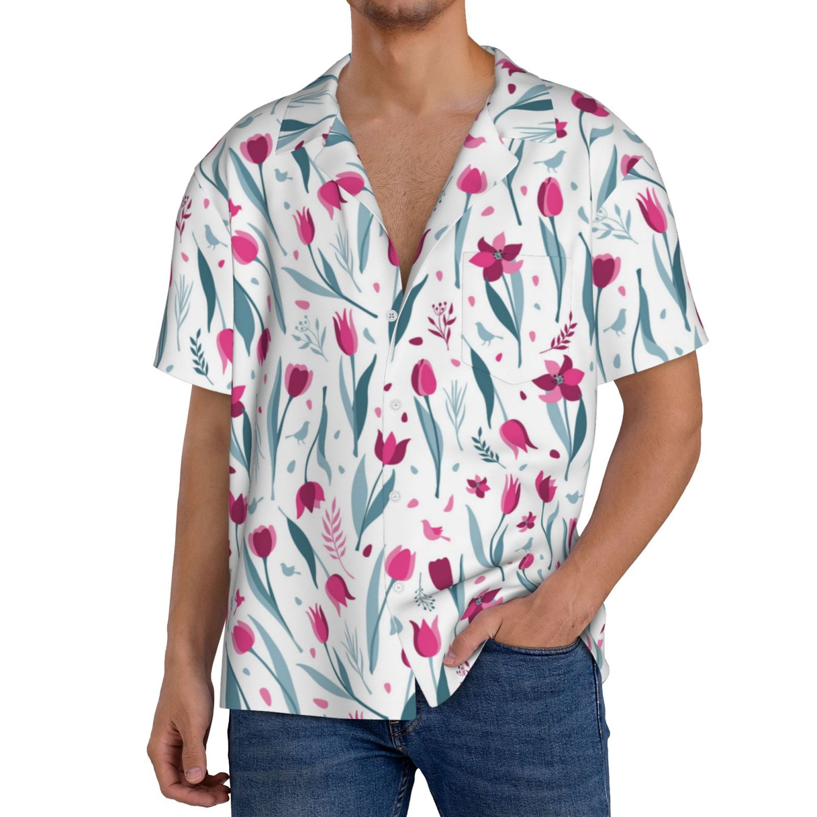 Rateoe Tulips Flowers Pattern Men's Short Sleeve Classic Shirt, Casual ...