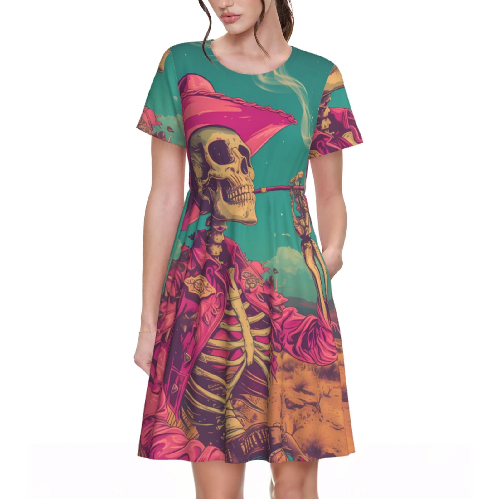Rateoe Western Desert Skull Cowboy (2) Pattern Women’s Short Sleeve ...