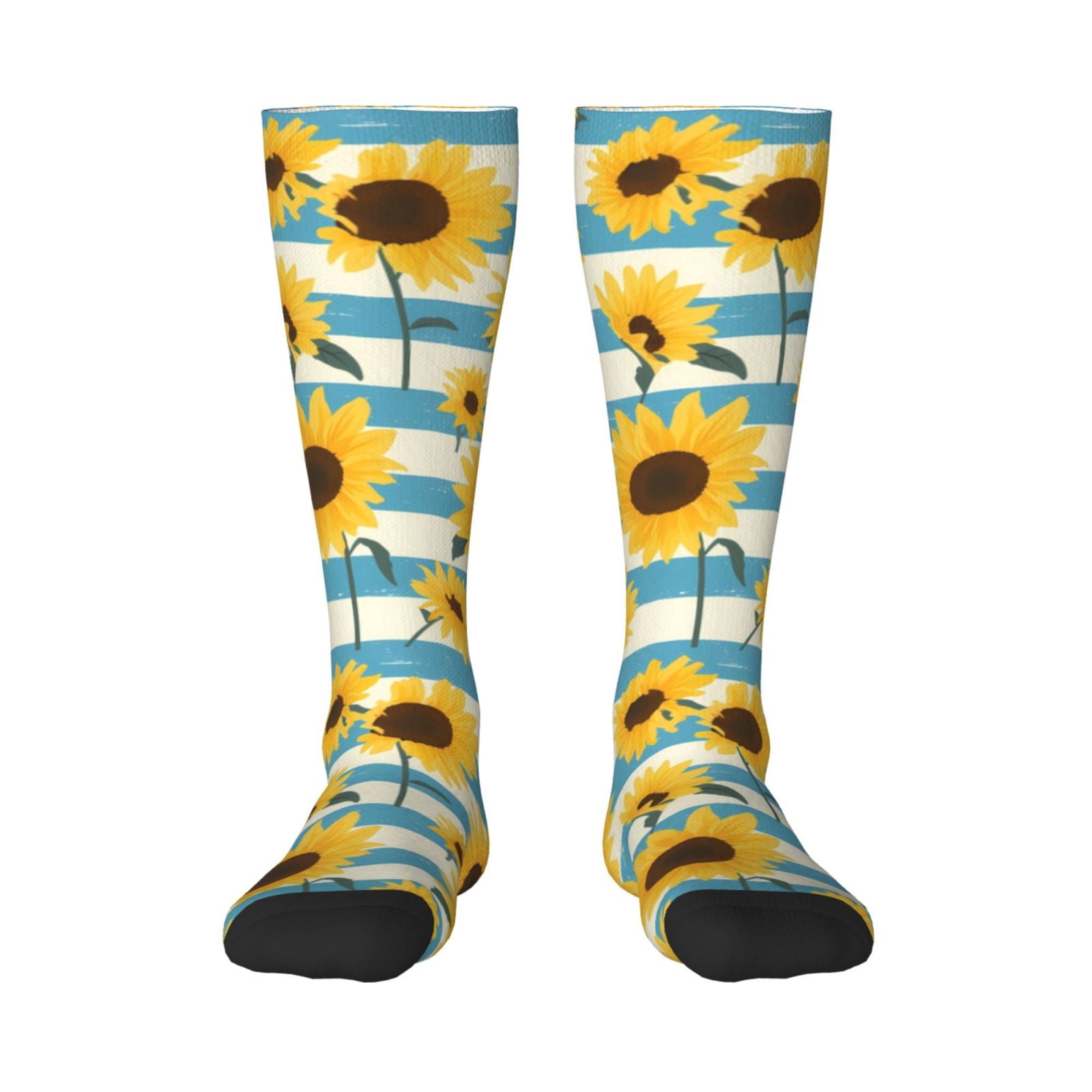 Rateoe White Blue Striped Sunflower Pattern Women’s Knee High Crew Socks,Trouser Socks ...