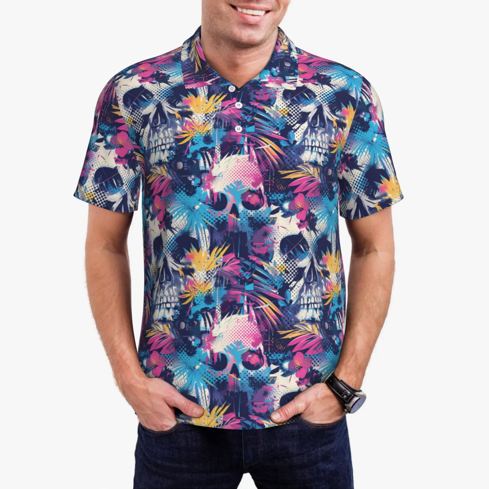 Rateoe cool Skull colorful Pattern Men's Short Sleeve Polo Shirts, Golf ...