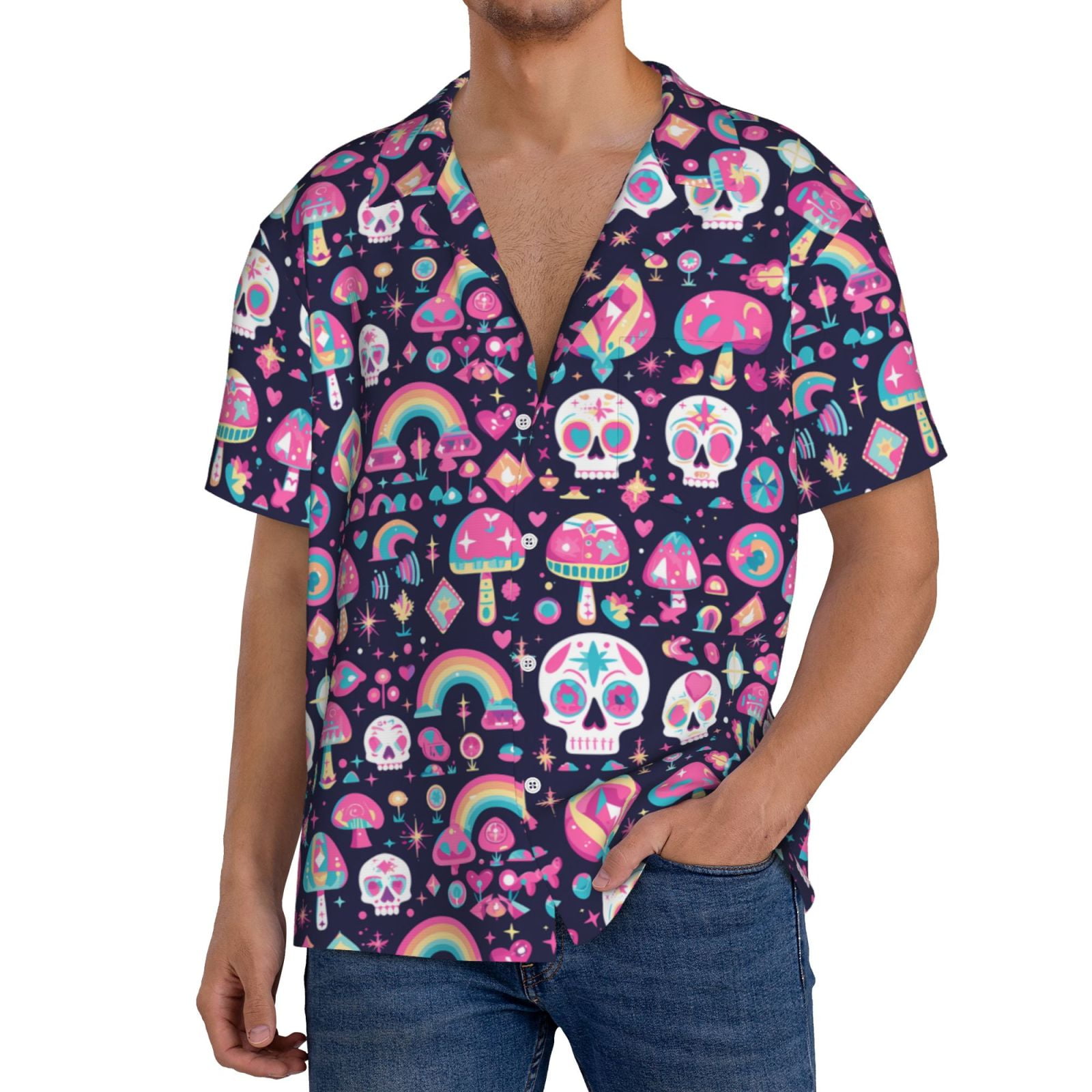 Rateoe cute Skull rainbow mushroom Print Mens Front Pocket Hawaiian ...