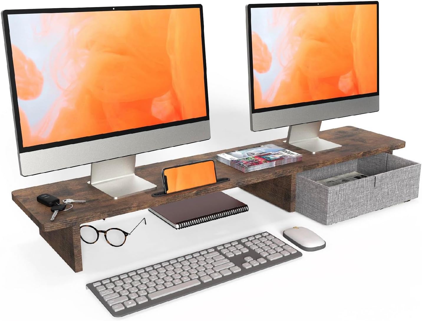 Rathsyme 43 inch Dual Monitor Stand Riser with Drawer,Large Storage for ...