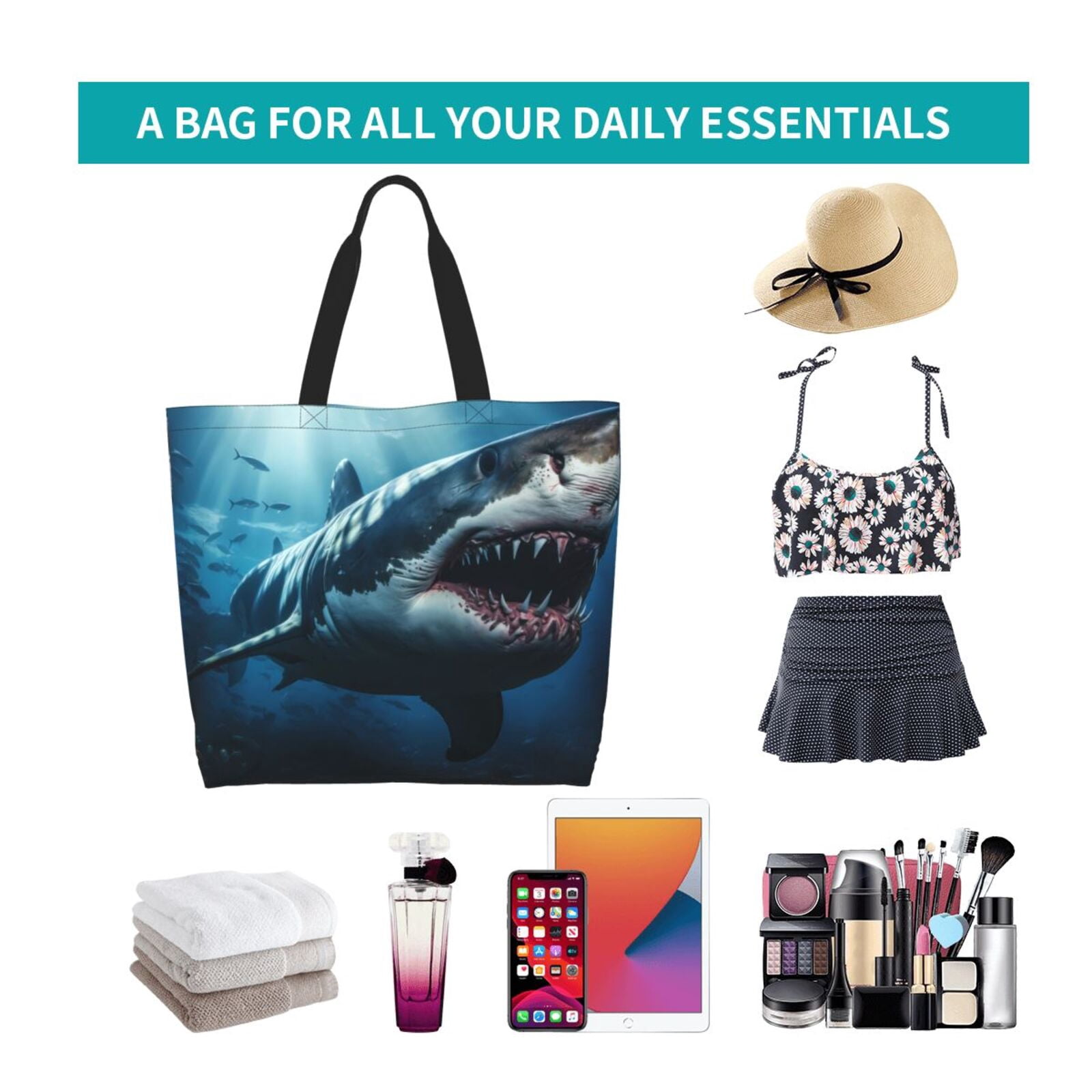 Ratiio 3D Realistic Shark Print Reusable Grocery Bags - Washable ...