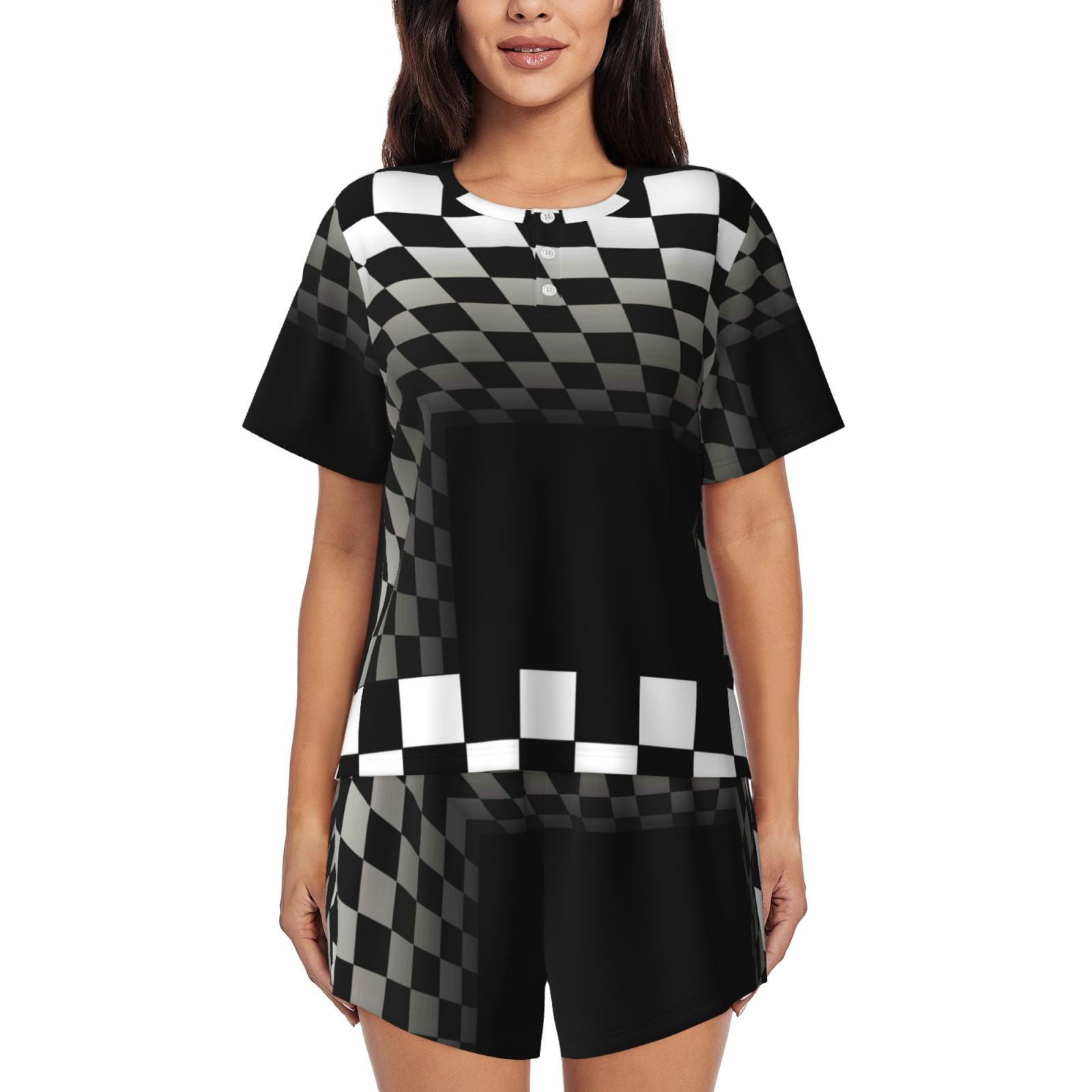 Ratiio 3d Black and White Checkerboard Tunnel Print Womens Pajama Sets ...