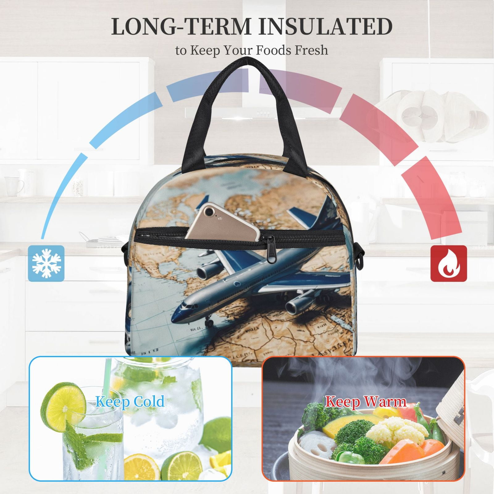 Ratiio Airplane World Map Adventure Pattern Lunch Bag ,Insulated Lunch ...