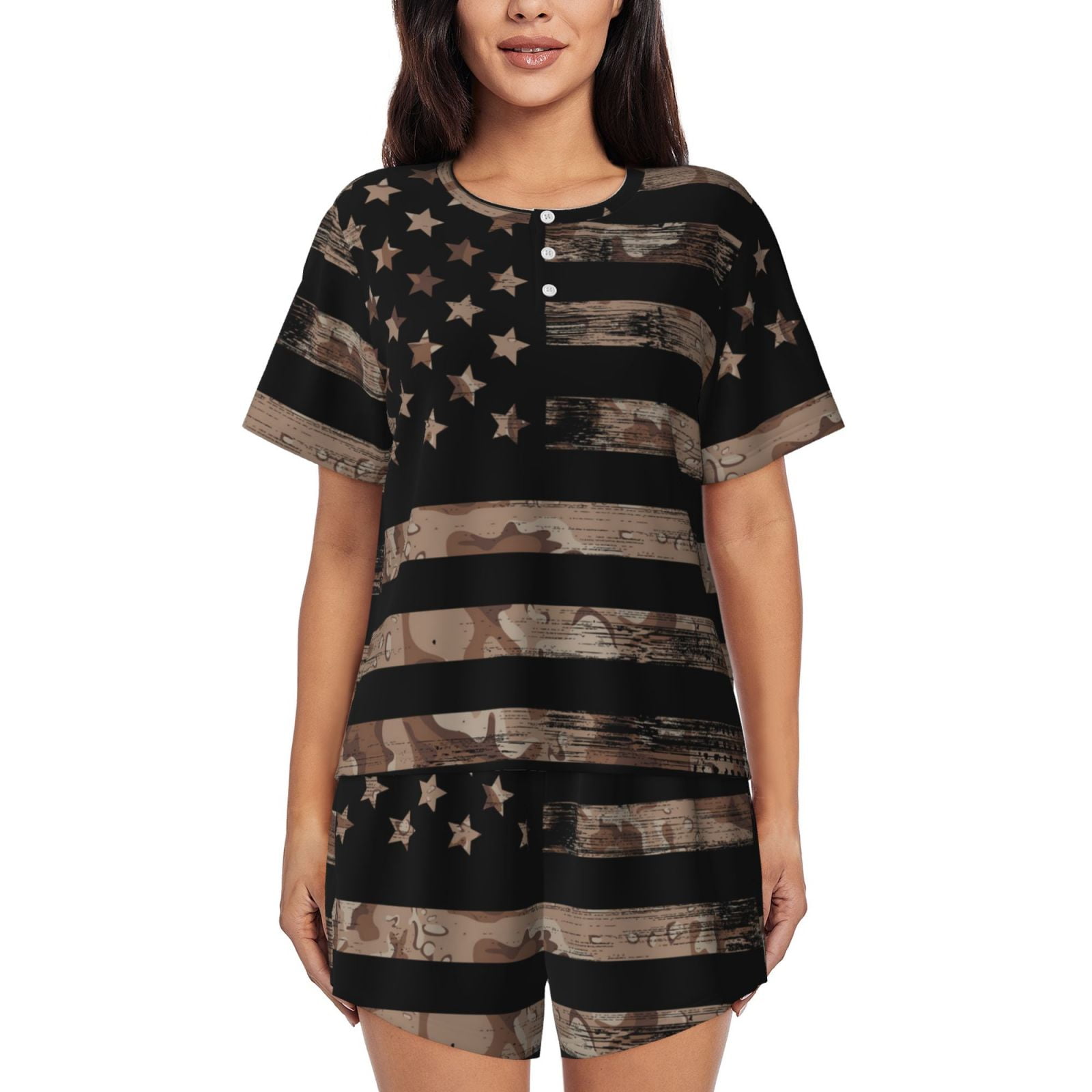 Ratiio American Flag with Desert Camouflage Print Womens Pajama Sets 2 ...