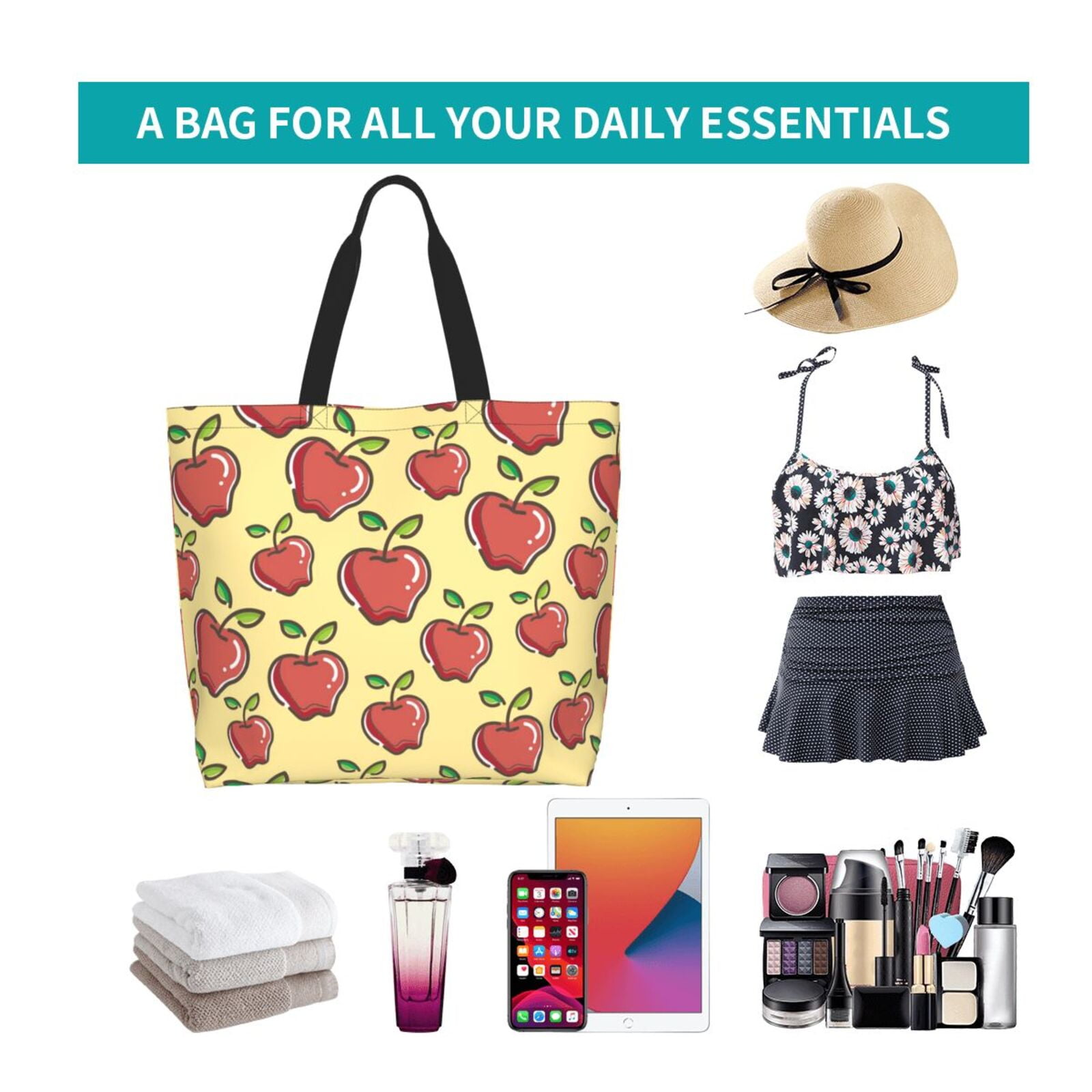 Ratiio Apple Print Reusable Grocery Bags - Washable, Foldable, Packable ...