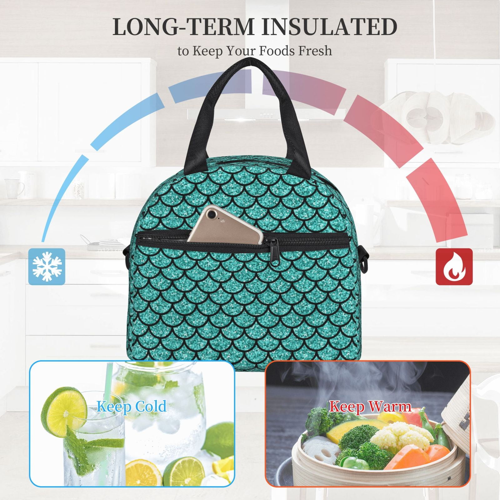 Ratiio Aquamarine Glitter Pattern Lunch Bag ,Insulated Lunch Box, Small ...