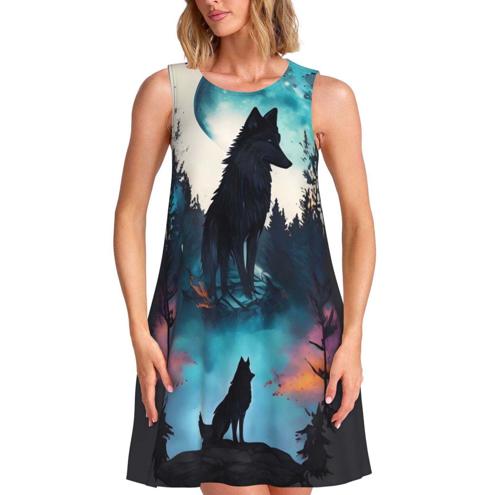 Ratiio Artistic Moon Valley Wolf Pattern Women's Sleeveless Dress ...