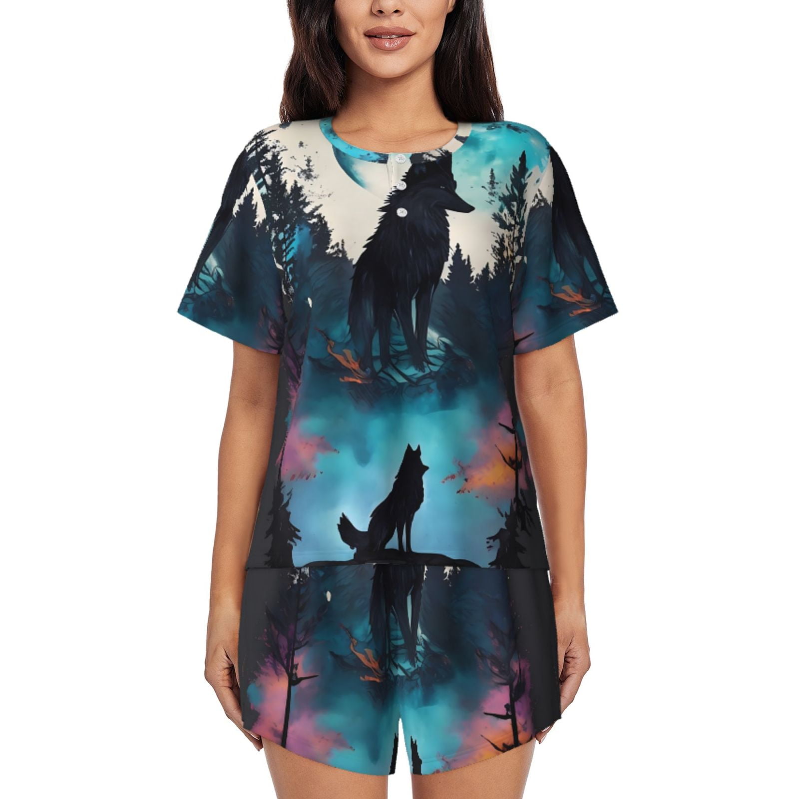 Ratiio Artistic Moon Valley Wolf Print Womens Pajama Sets 2 Piece Soft ...