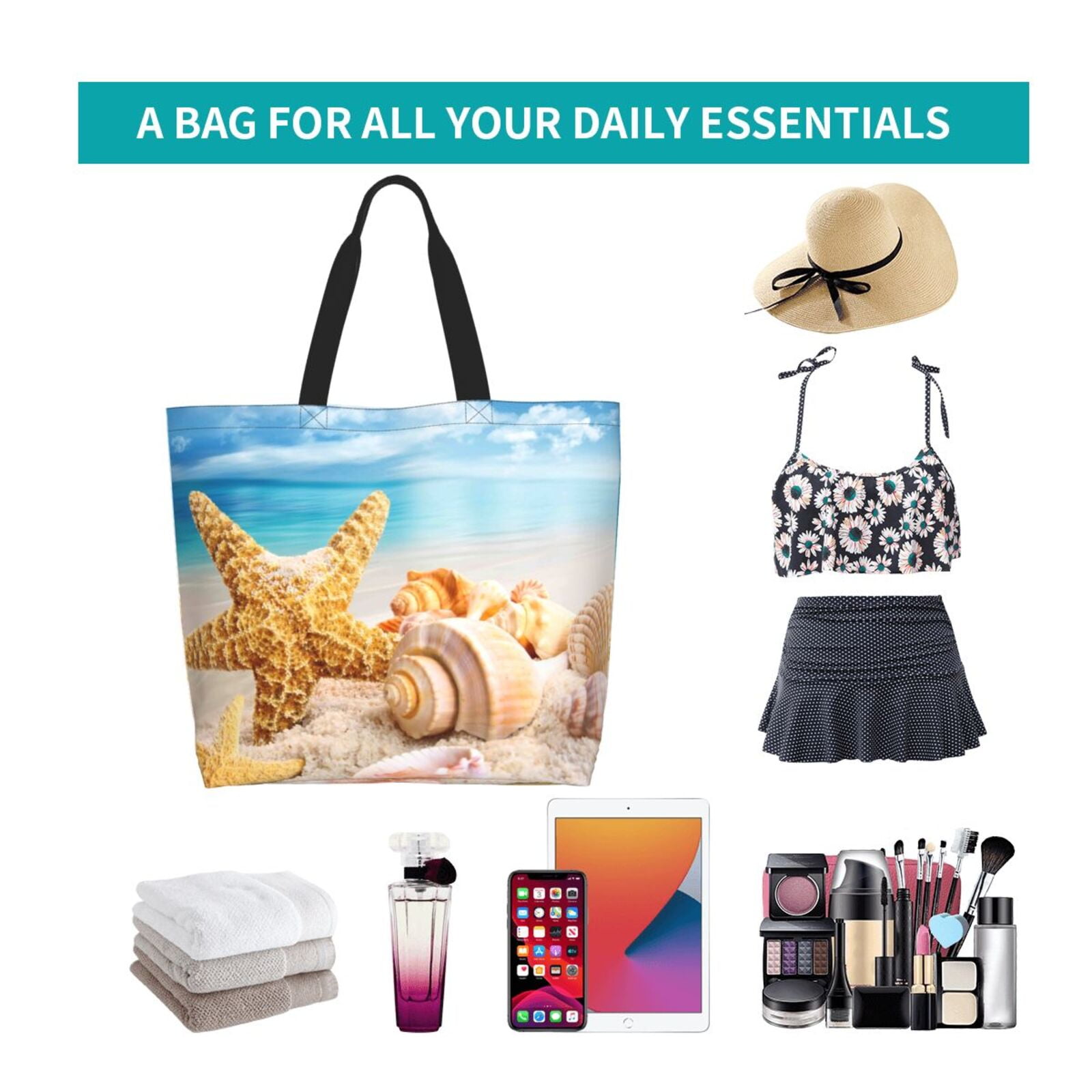 Ratiio Beach Starfish Shell Print Reusable Grocery Bags - Washable ...