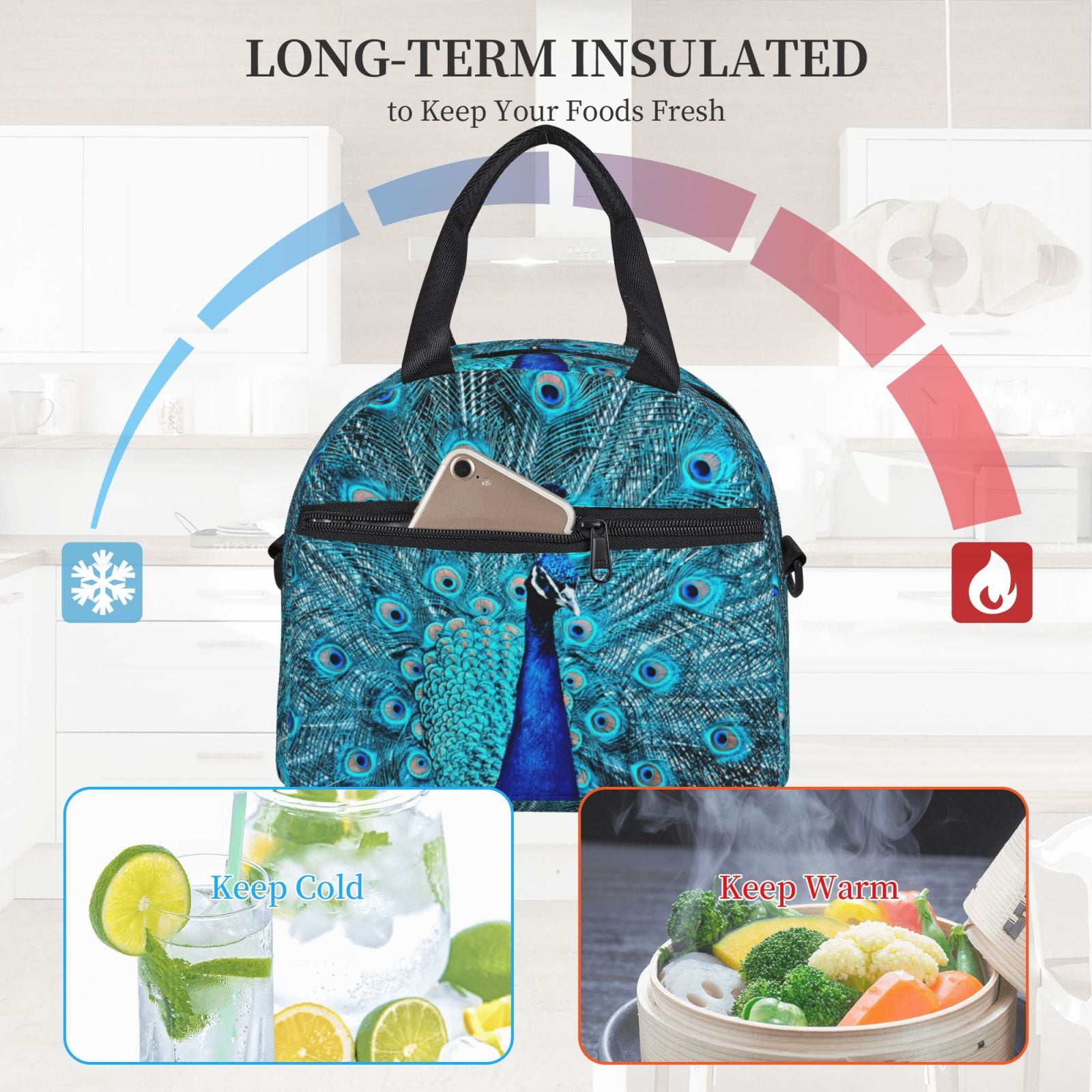 Ratiio Beautiful Blue Peacock Pattern Lunch Bag ,Insulated Lunch Box ...
