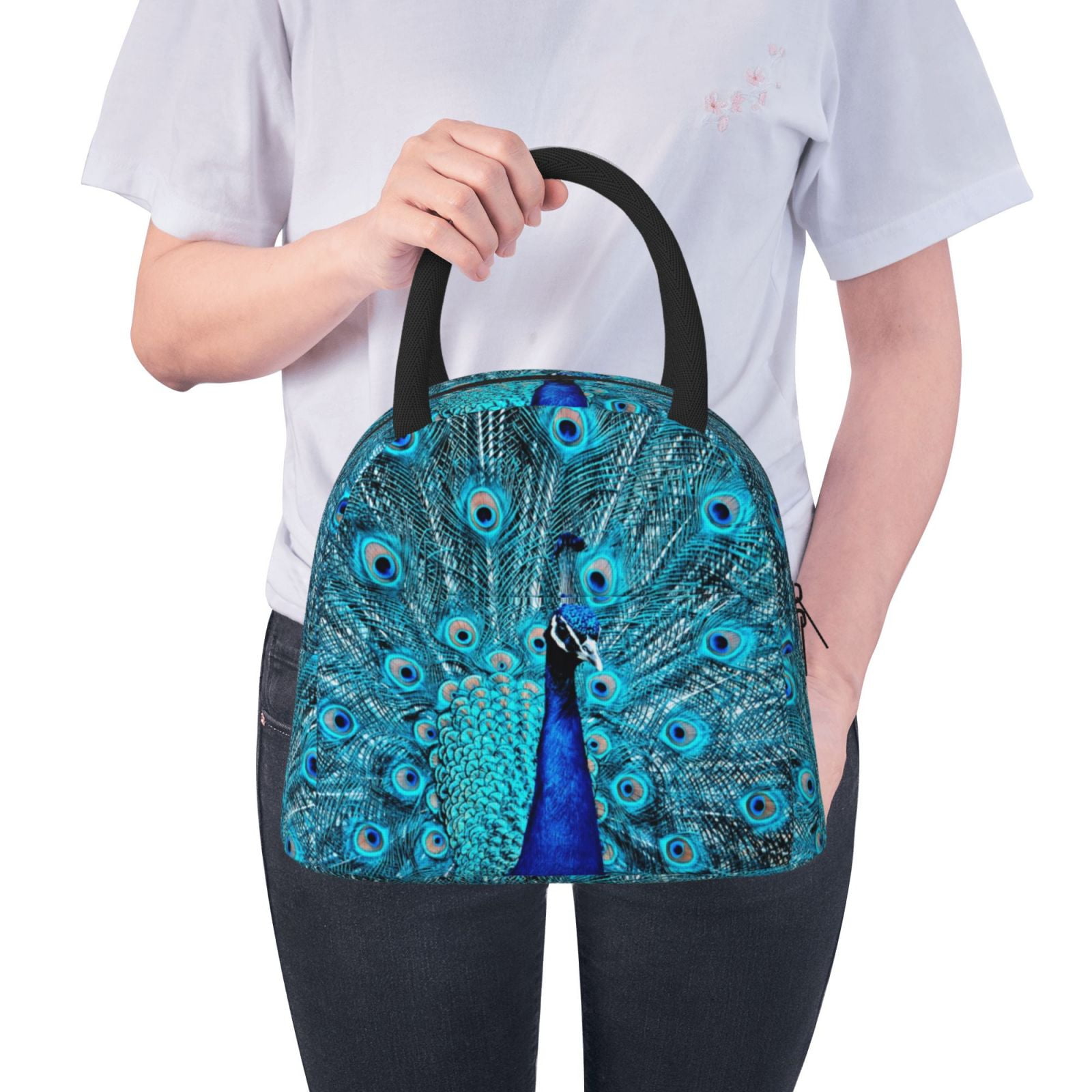 Ratiio Beautiful Blue Peacock Print Insulated Lunch Bag Women Reusable ...