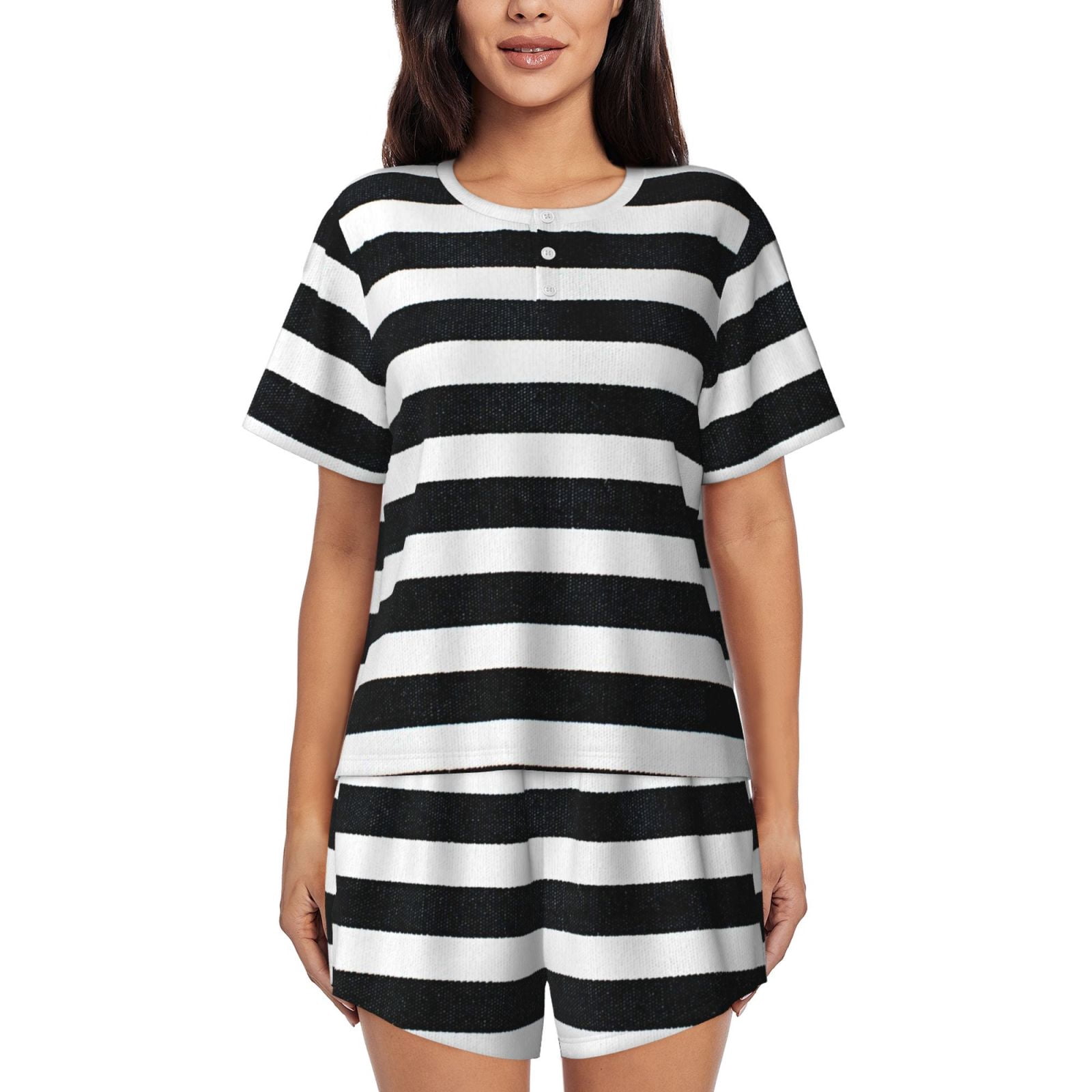 Ratiio Black And White Stripes Print Womens Pajama Sets 2 Piece Soft ...