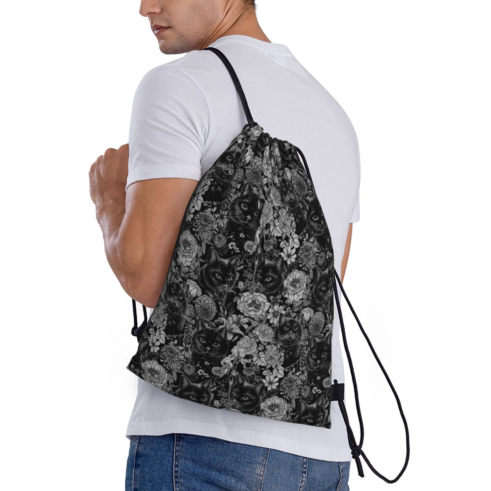 Ratiio Black Cats In A Garden Print Drawstring Backpack Bag Sport Gym ...
