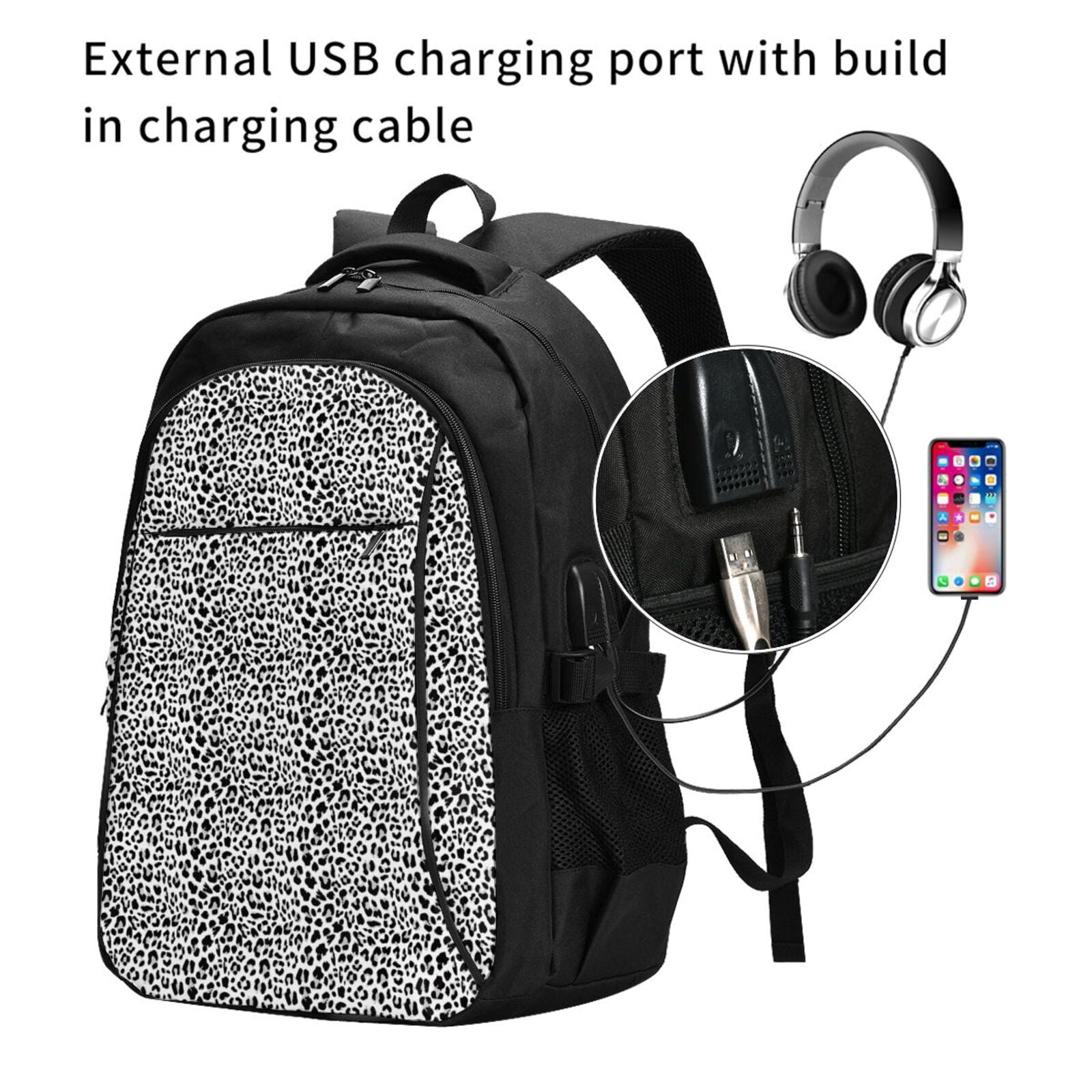 Ratiio Black Leopard Print Travel Laptop Backpack,Slim Sturdy Laptops Backpack with USB Charging ...