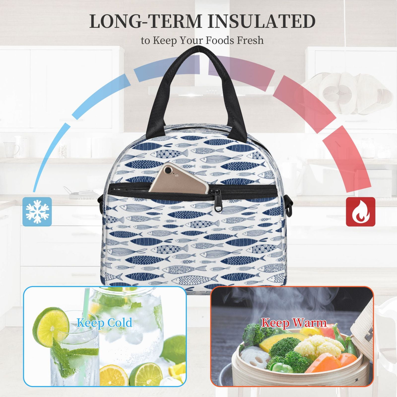 Ratiio Blue Fish Pattern Lunch Bag ,Insulated Lunch Box, Small ...