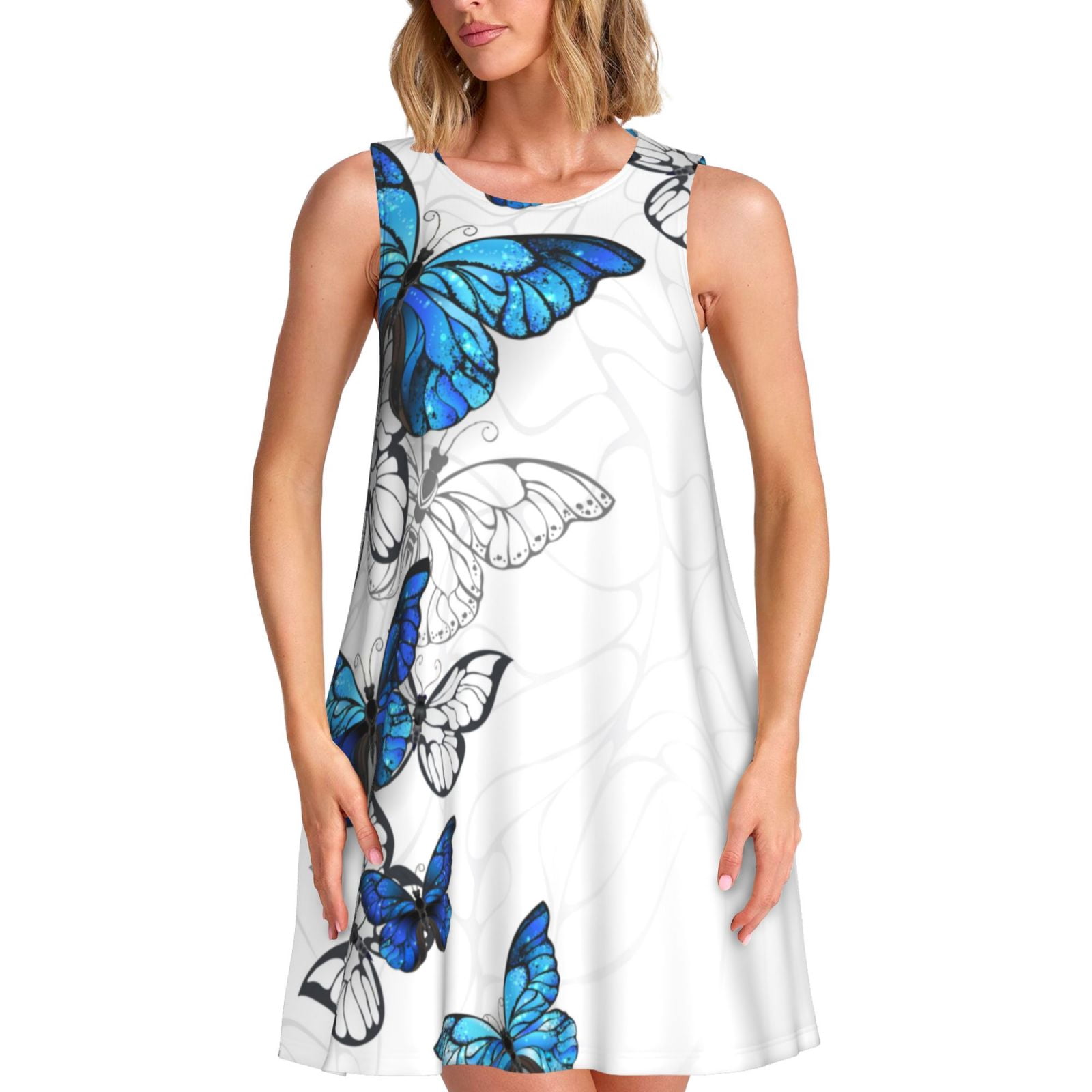 Ratiio Blue Flying Butterflies Pattern Women's Sleeveless Dress ...