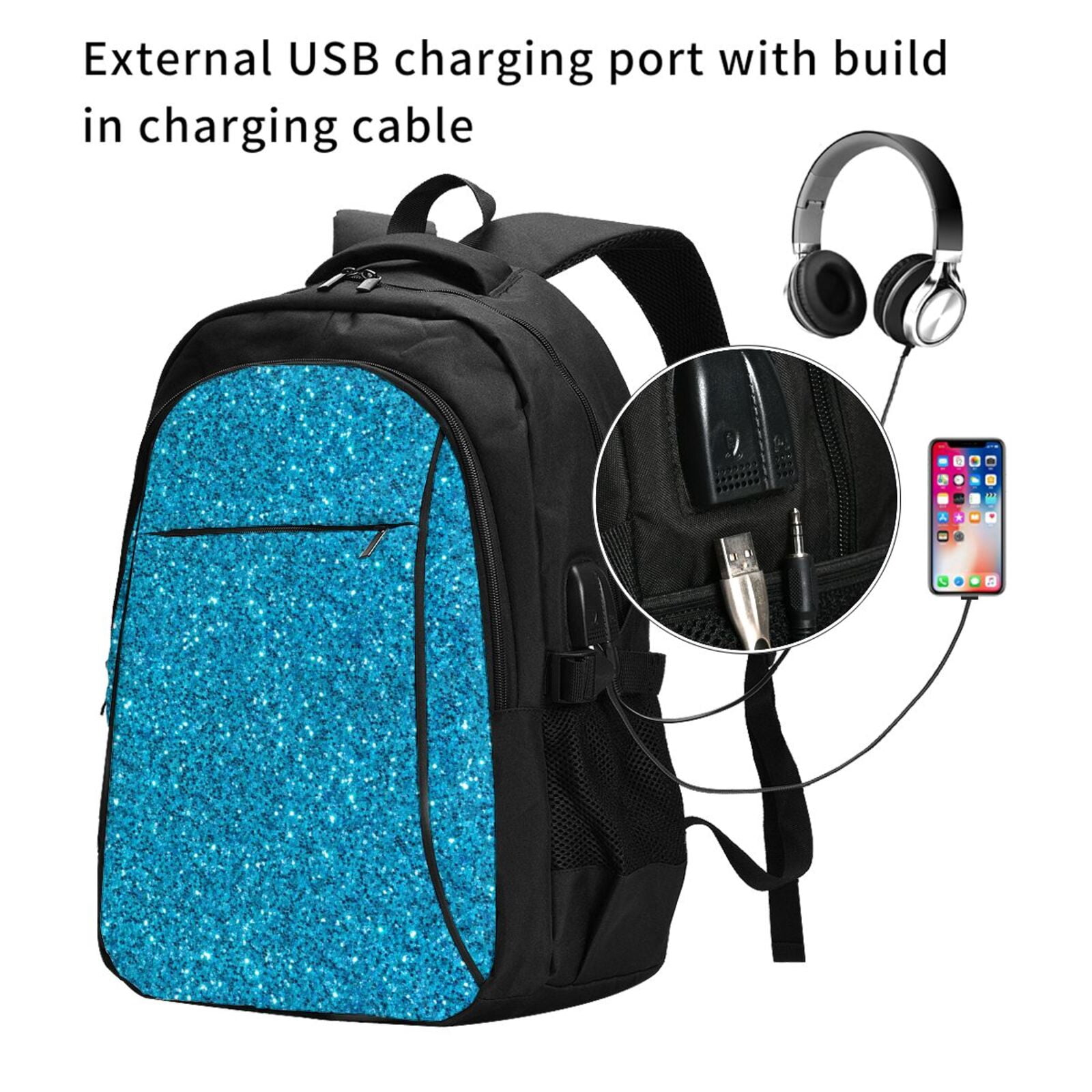 Ratiio Blue Glitter Print Travel Laptop Backpack,Slim Sturdy Laptops ...