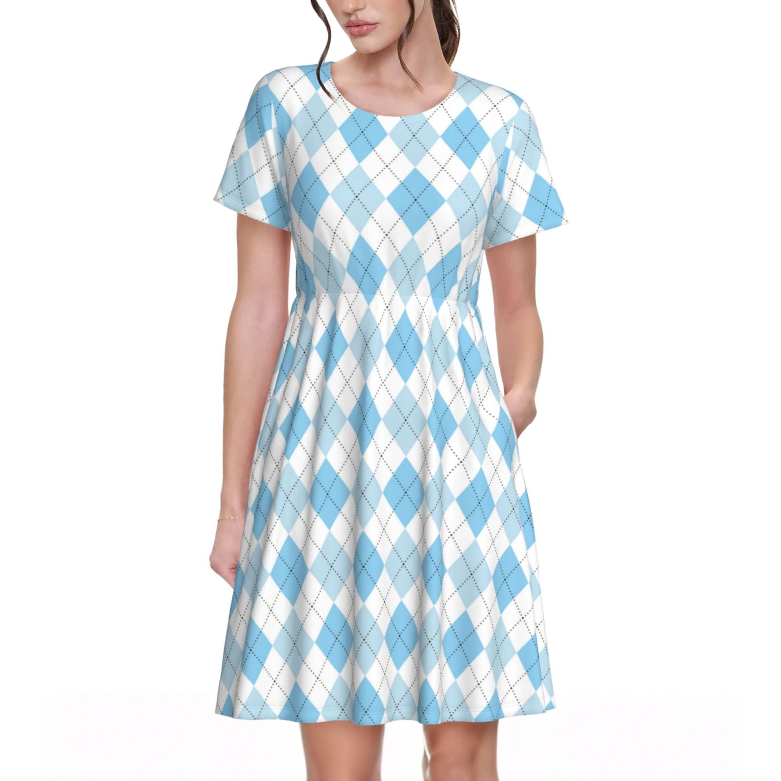 Ratiio Blue and White Squares Print Women's Short Sleeve Dress - Casual ...