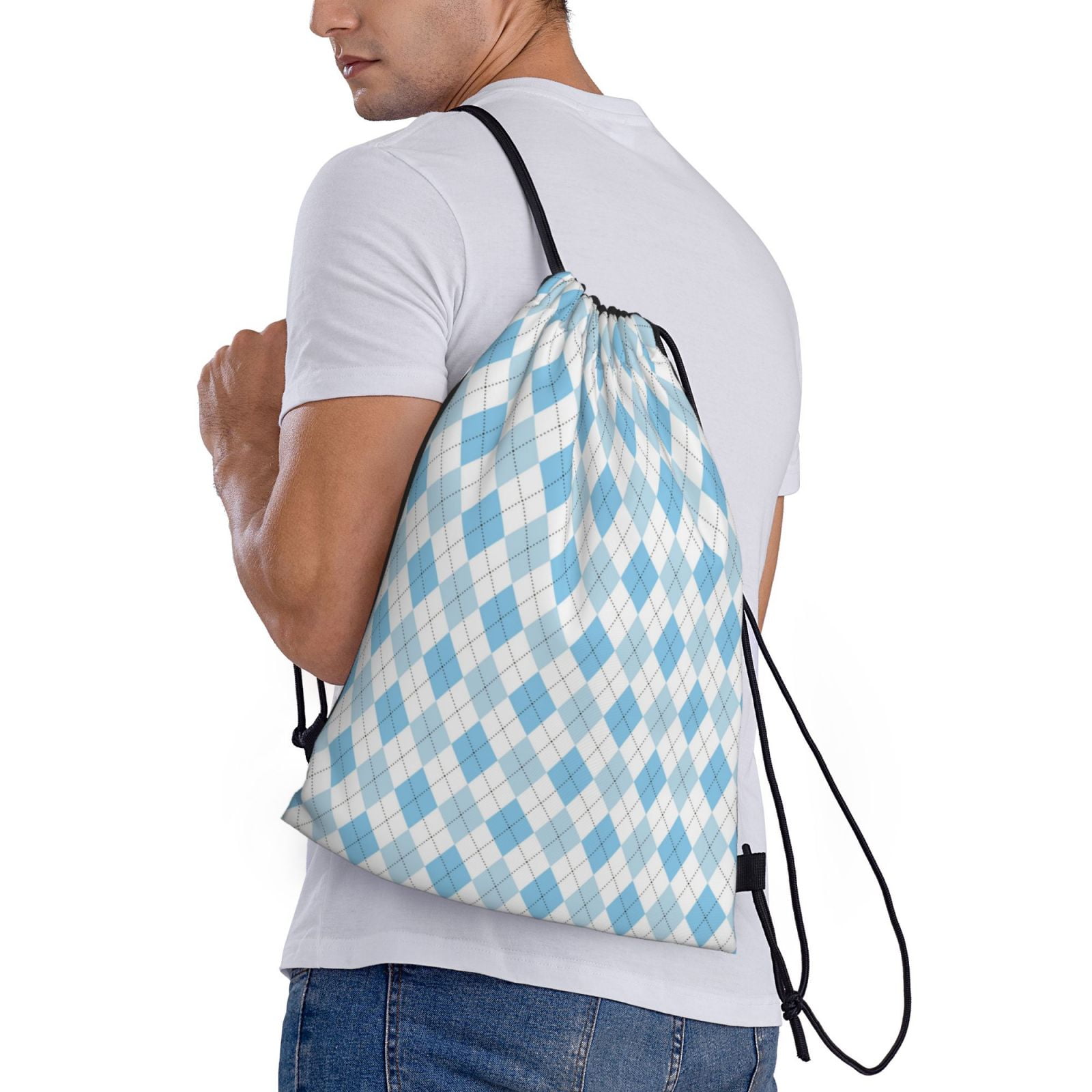 Ratiio Blue and White Squares Print Drawstring Backpack Bag Sport Gym ...