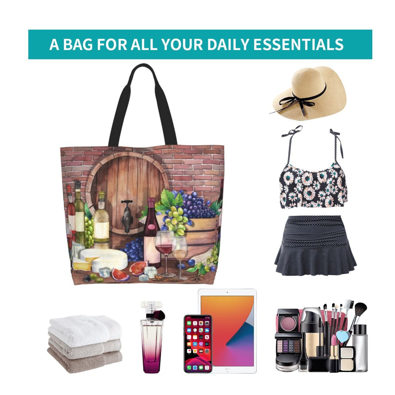 Ratiio Bottle Glass Red Wine Print Reusable Grocery Bags - Washable ...