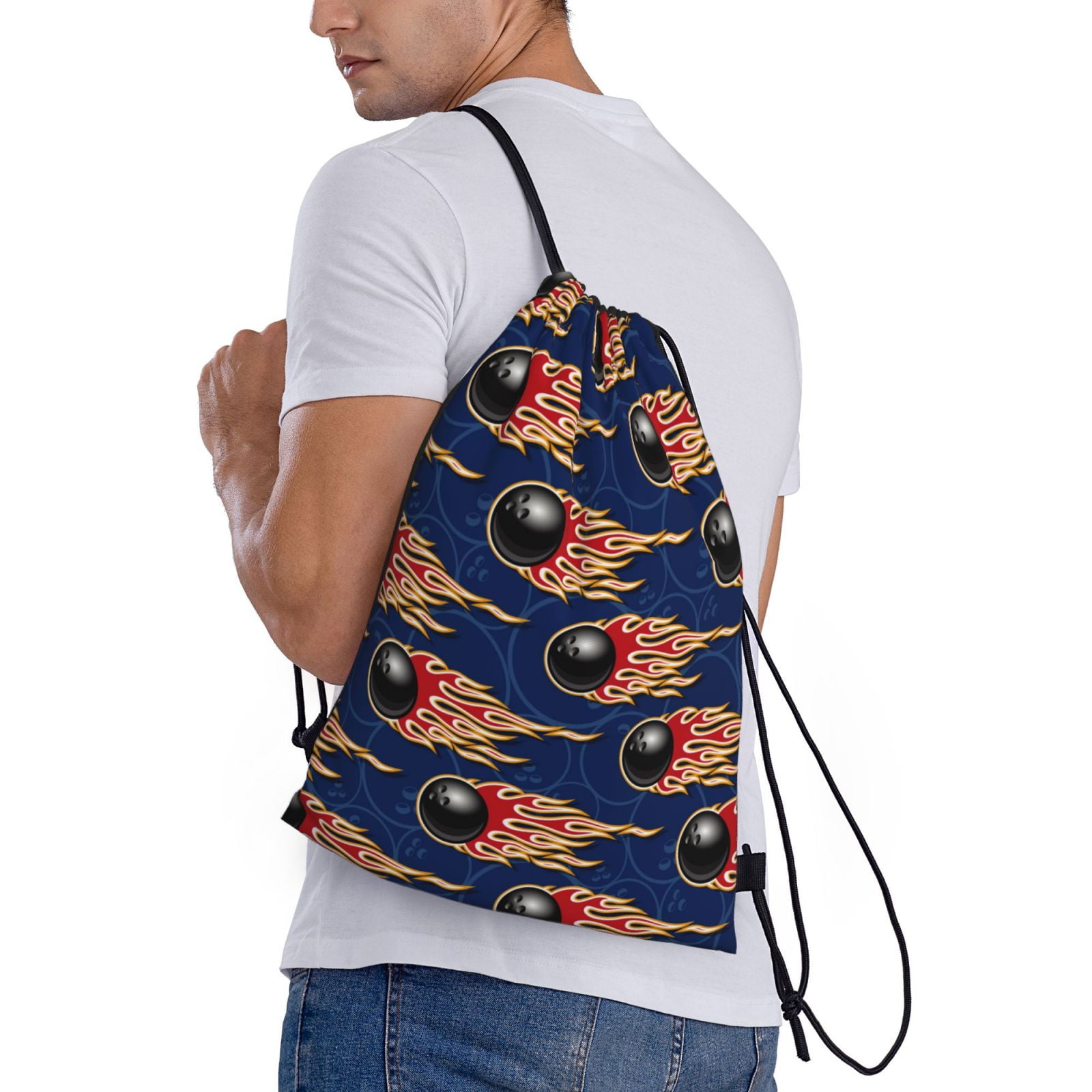 Ratiio Bowling Ball And Flame Print Drawstring Backpack Bag Sport Gym ...
