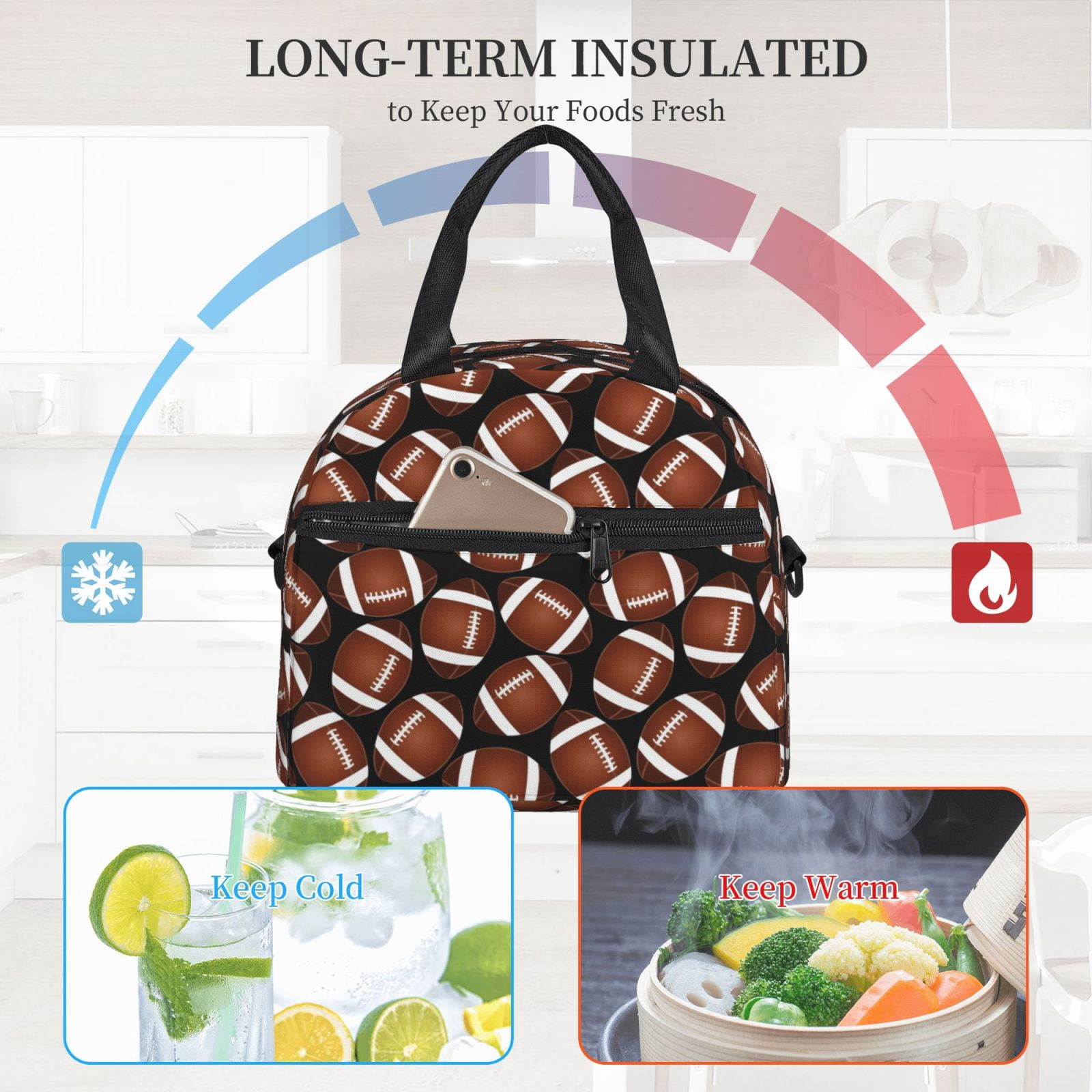 Ratiio Brown Football On Black Pattern Lunch Bag ,Insulated Lunch Box ...
