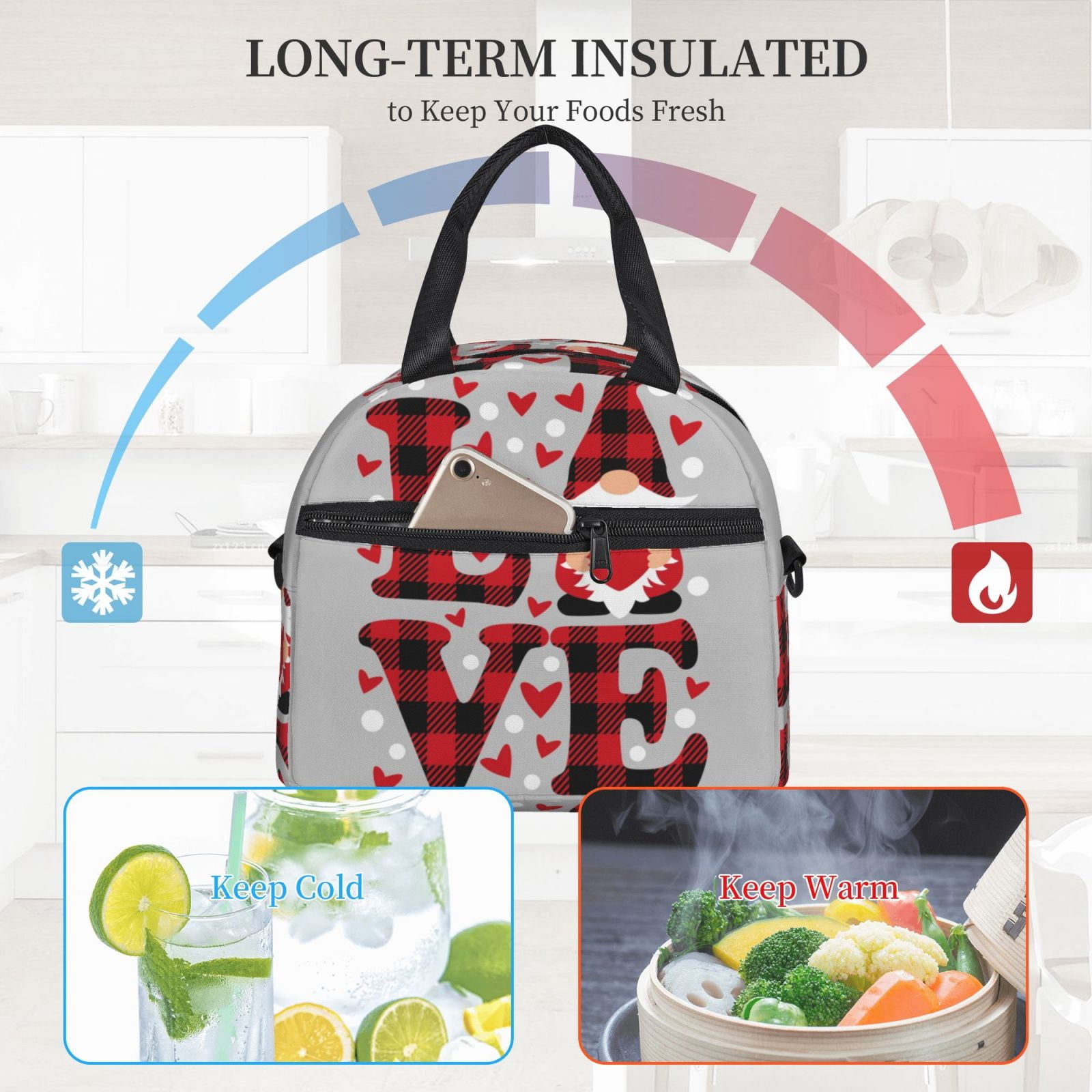 Ratiio Buffalo Plaid Love And Gnome Pattern Lunch Bag ,Insulated Lunch ...