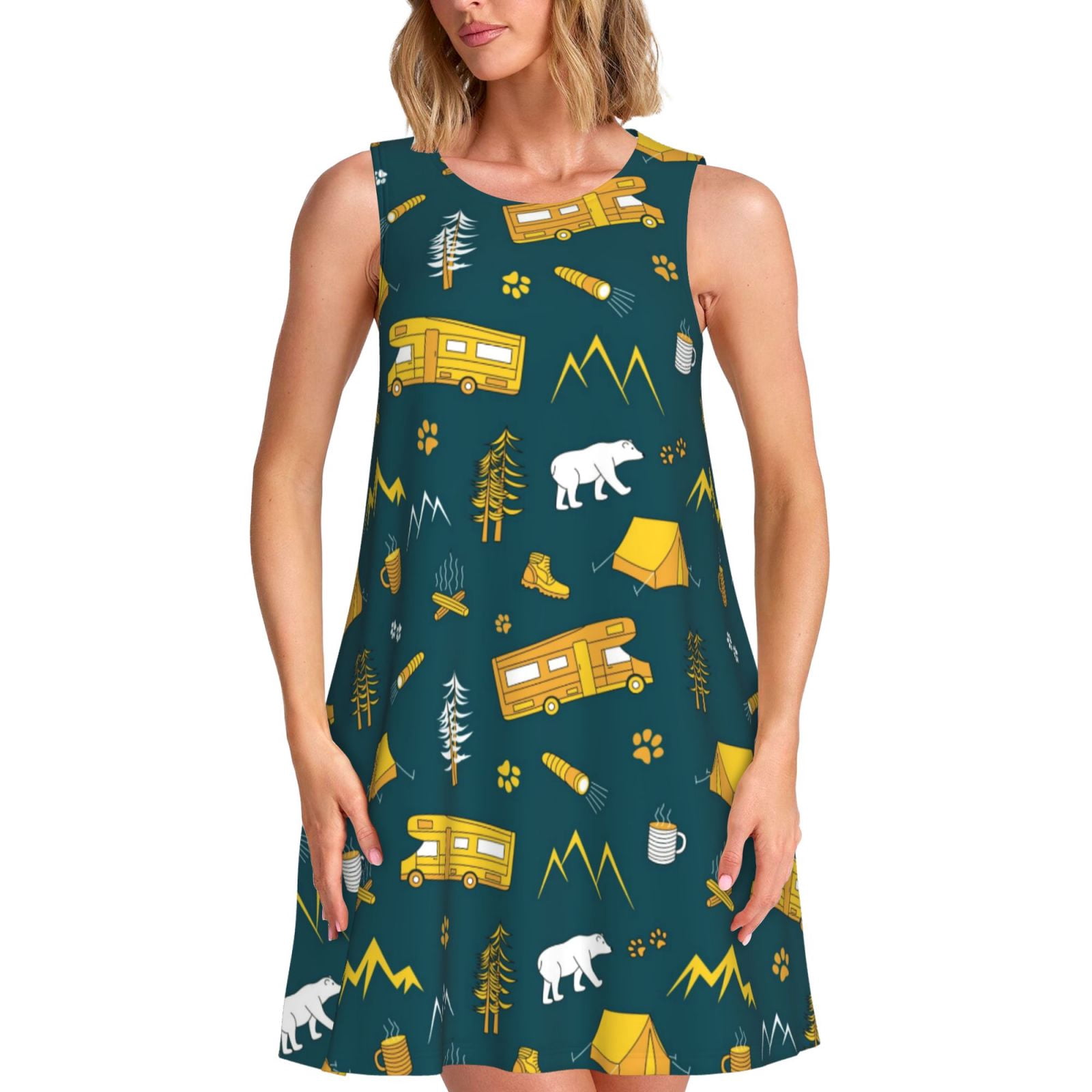Ratiio Camping Pattern Women's Sleeveless Dress - Casual Summer Dress ...