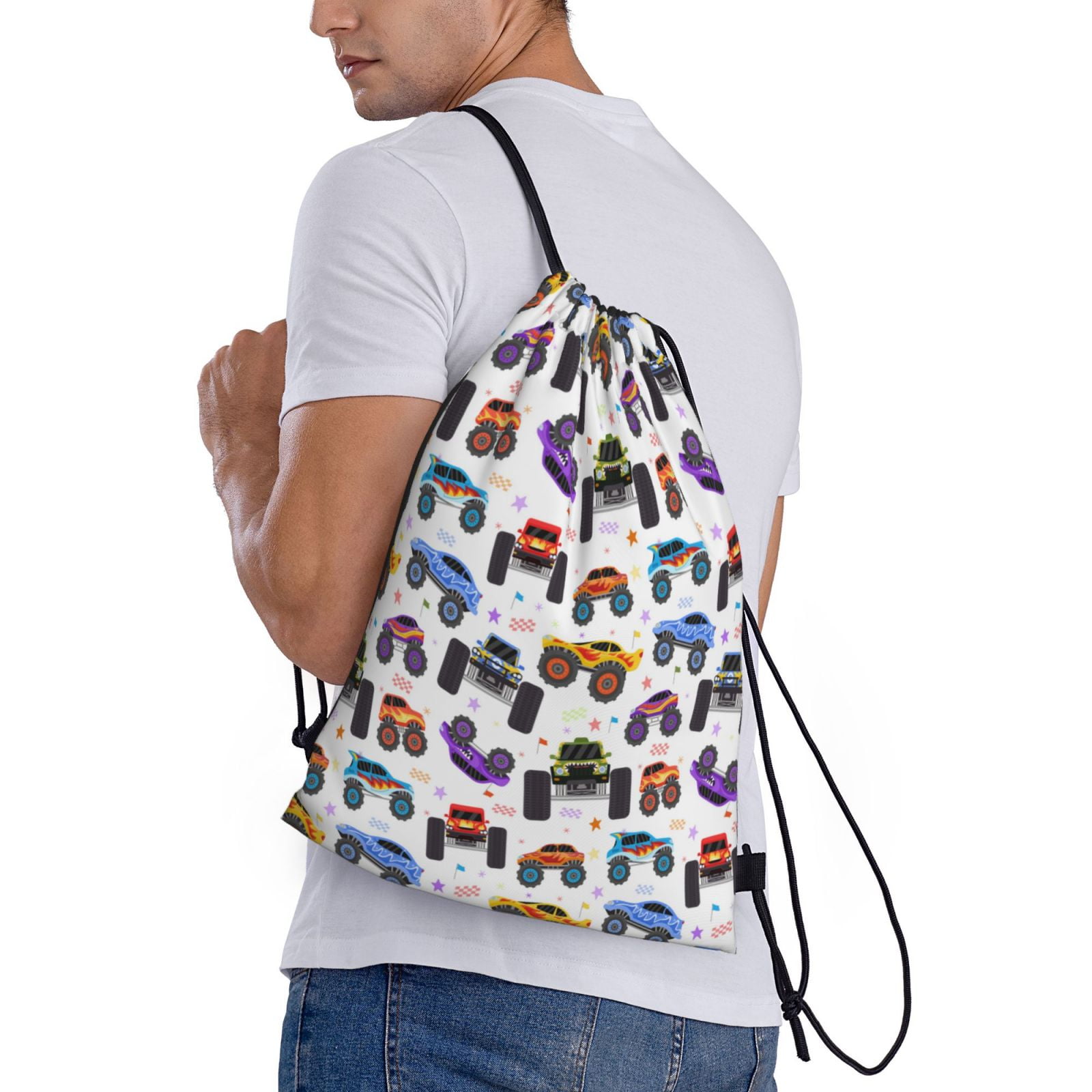 Ratiio Cartoon Monster Trucks1 Print Drawstring Backpack Bag Sport Gym ...