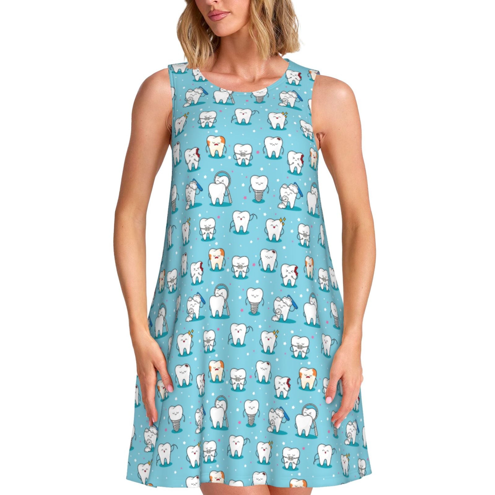Ratiio Cartoon Teeth Pattern Women's Sleeveless Dress - Casual Summer ...