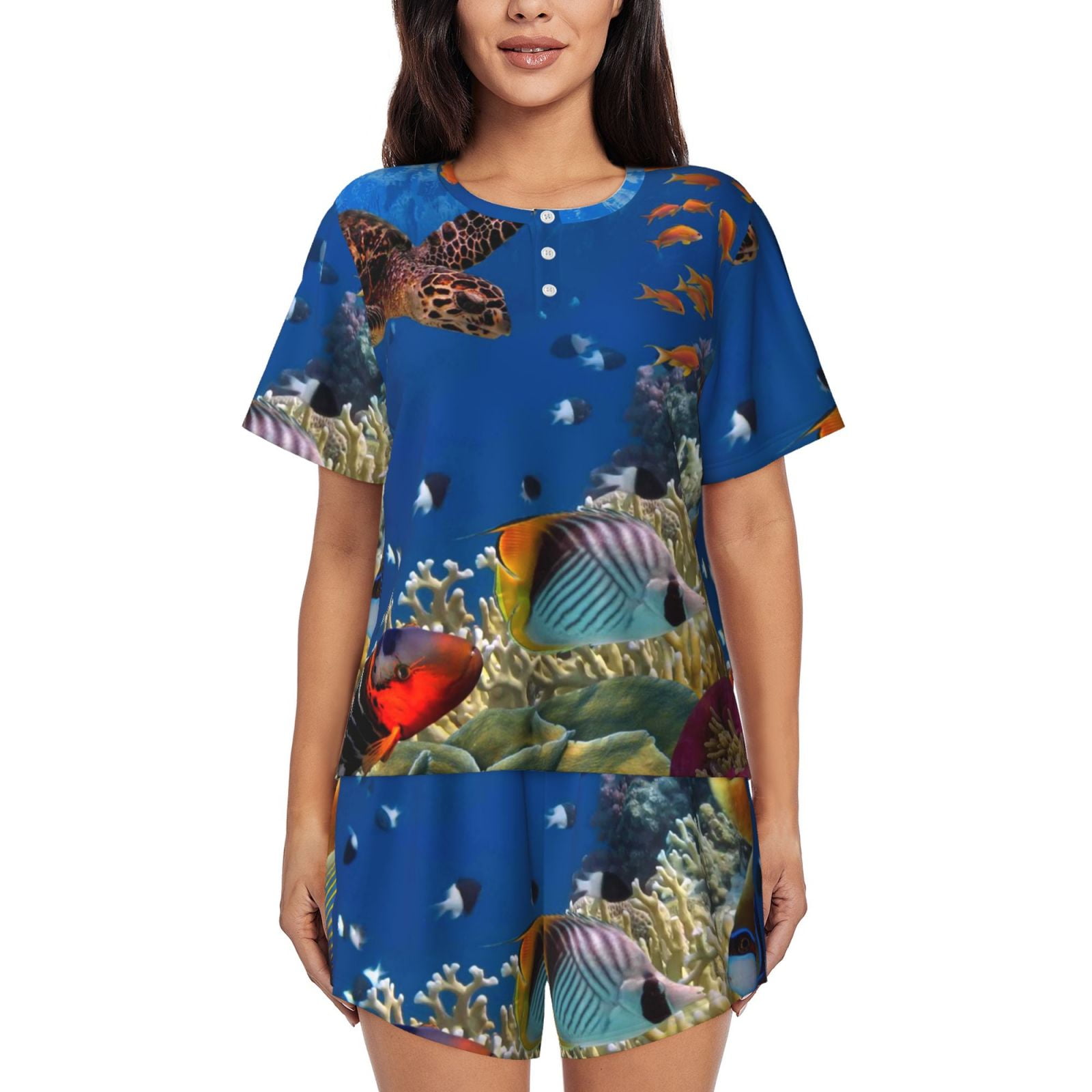 Ratiio Colorful Coral Reef Print Womens Pajama Sets 2 Piece Soft Short Sleeve Top and Shorts ...