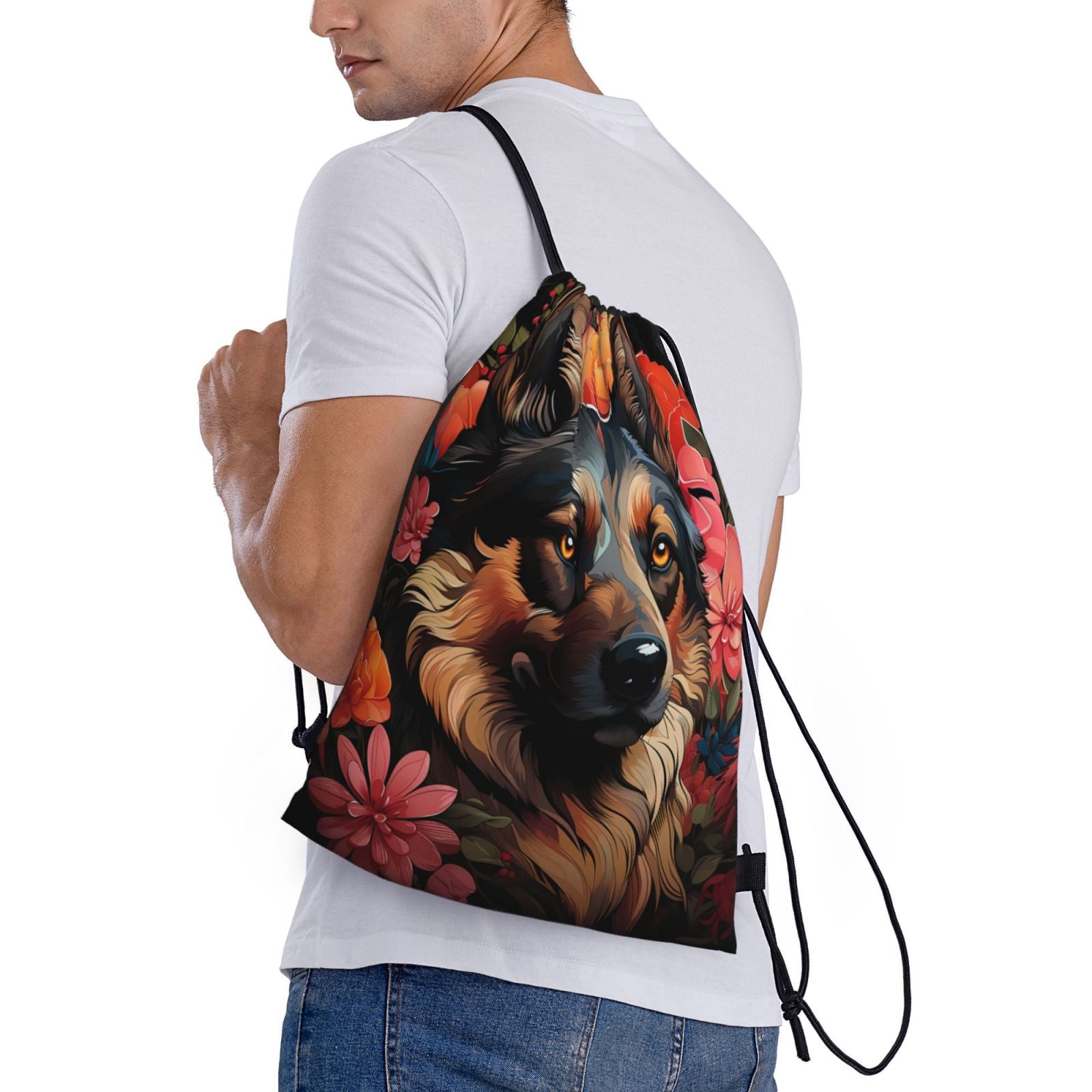 Ratiio Colorful Flower German Shepherd Print Drawstring Backpack Bag ...