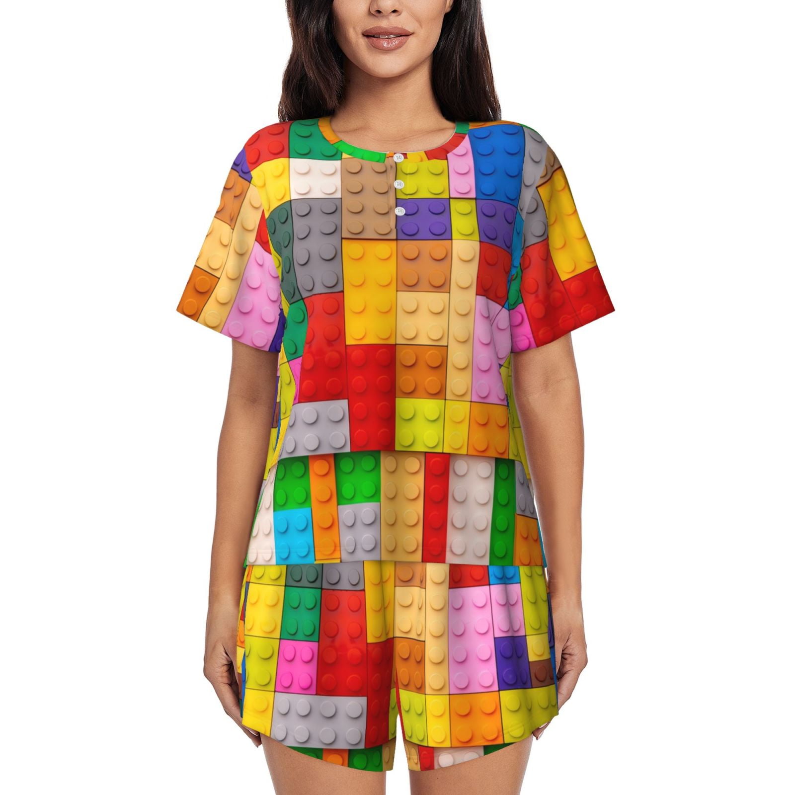 Ratiio Colorful Plastic Blocks Pattern Print Womens Pajama Sets 2 Piece ...