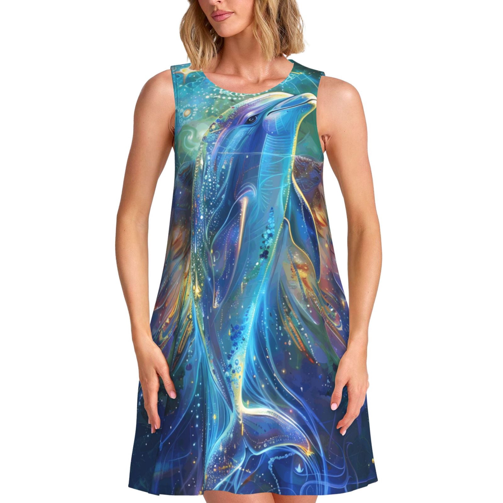 Ratiio Colorful Winged Dolphin Pattern Women's Sleeveless Dress ...