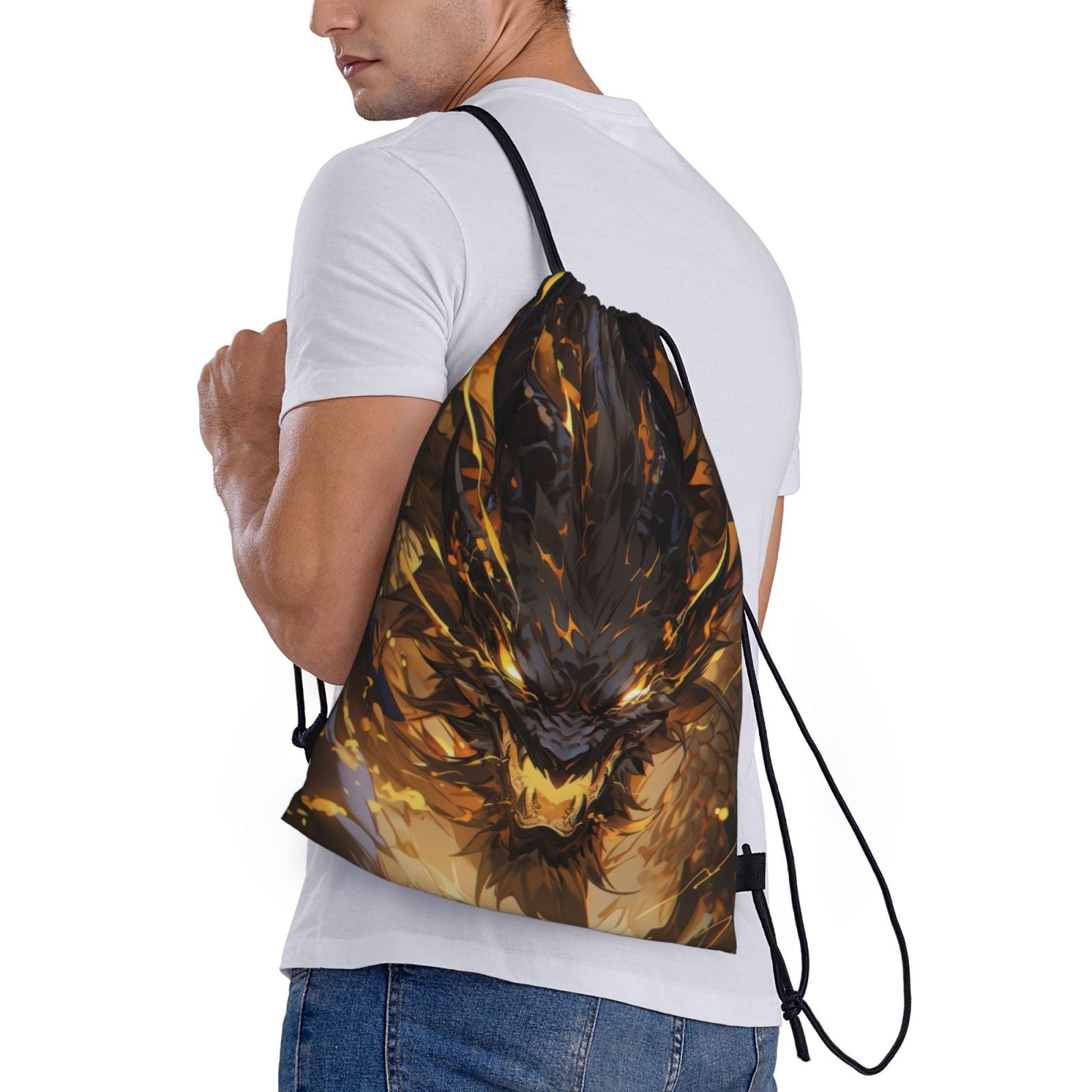 Ratiio Cool Black Gold Dragon Print Drawstring Backpack Bag Sport Gym ...