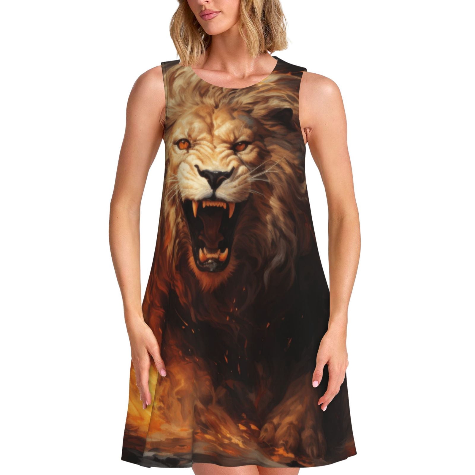 Ratiio Cool Fire Lion Pattern Women's Sleeveless Dress - Casual Summer ...