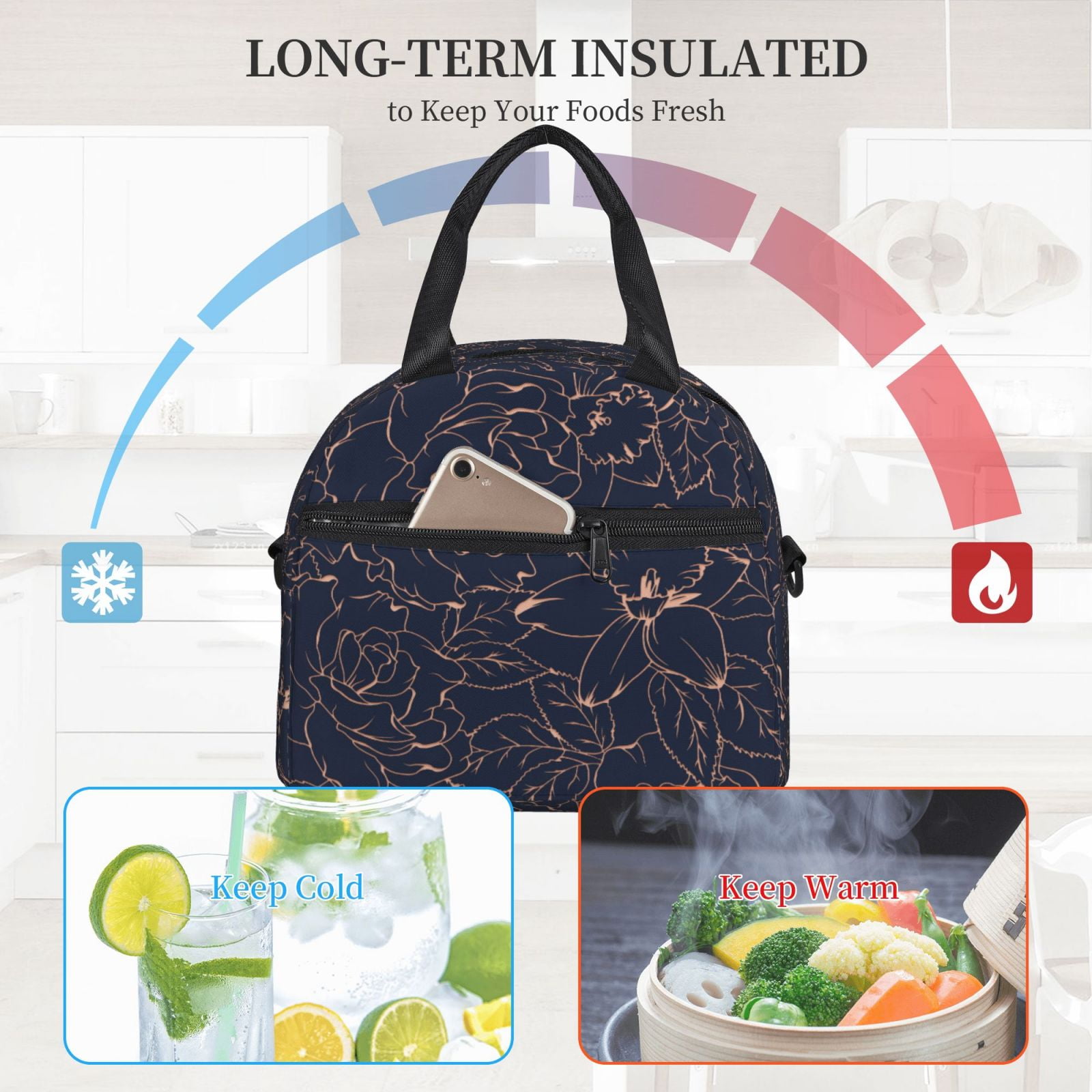 Ratiio Copper-Gold Gloss Outline Flower Pattern Lunch Bag ,Insulated ...