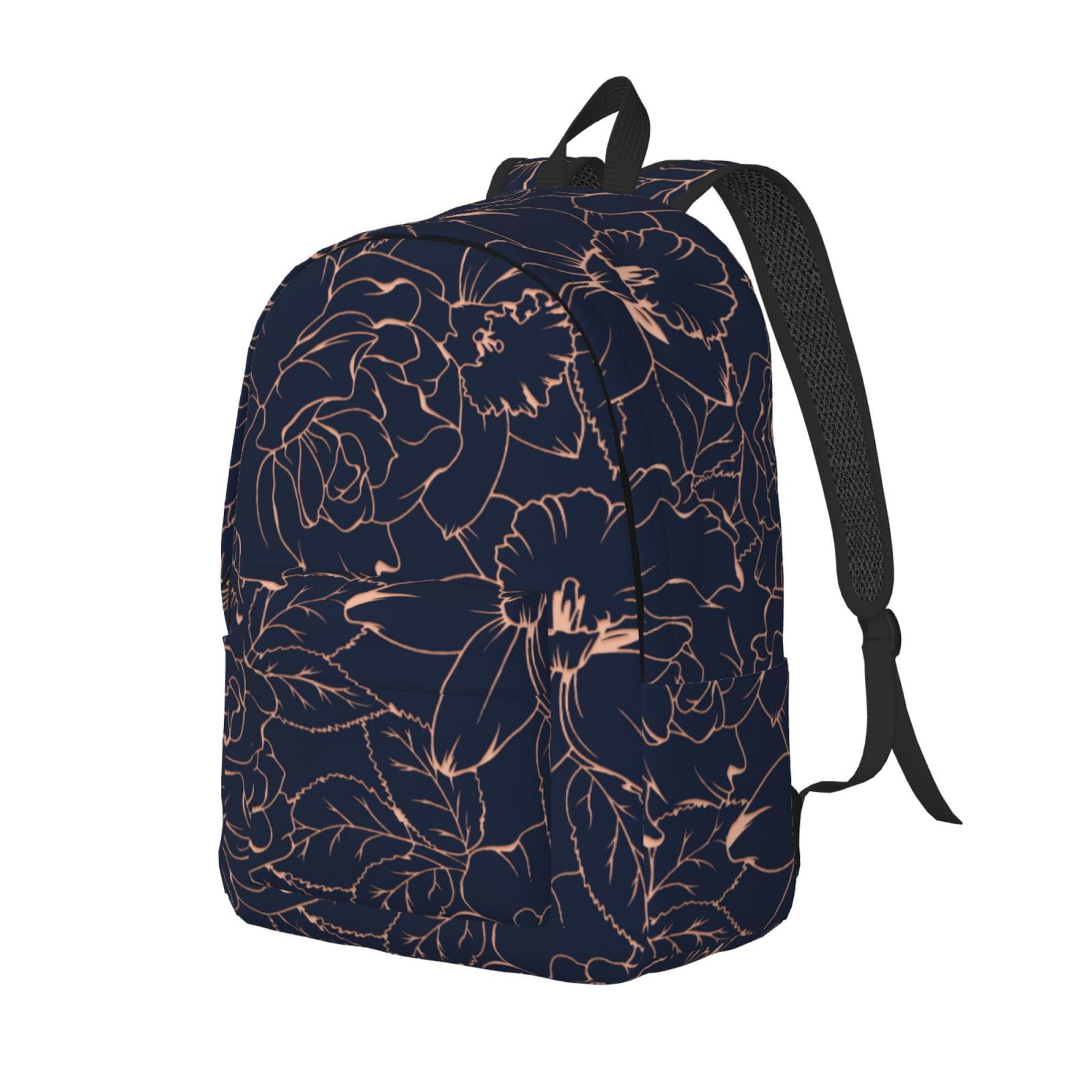 Ratiio Copper-Gold Gloss Outline Flower Print Canvas Backpack for Women ...