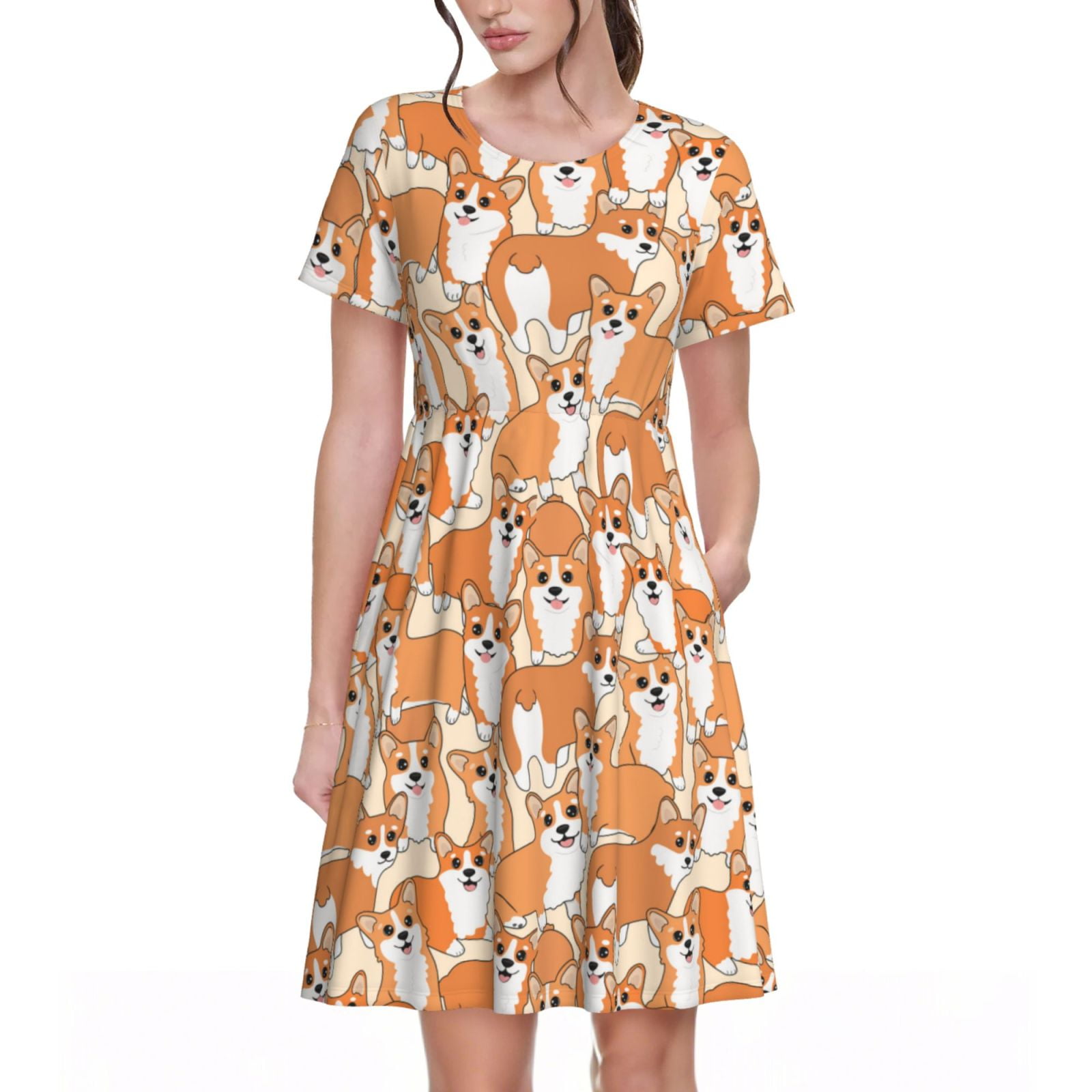 Ratiio Corgi Animal Print Women's Short Sleeve Dress - Casual A-Line ...