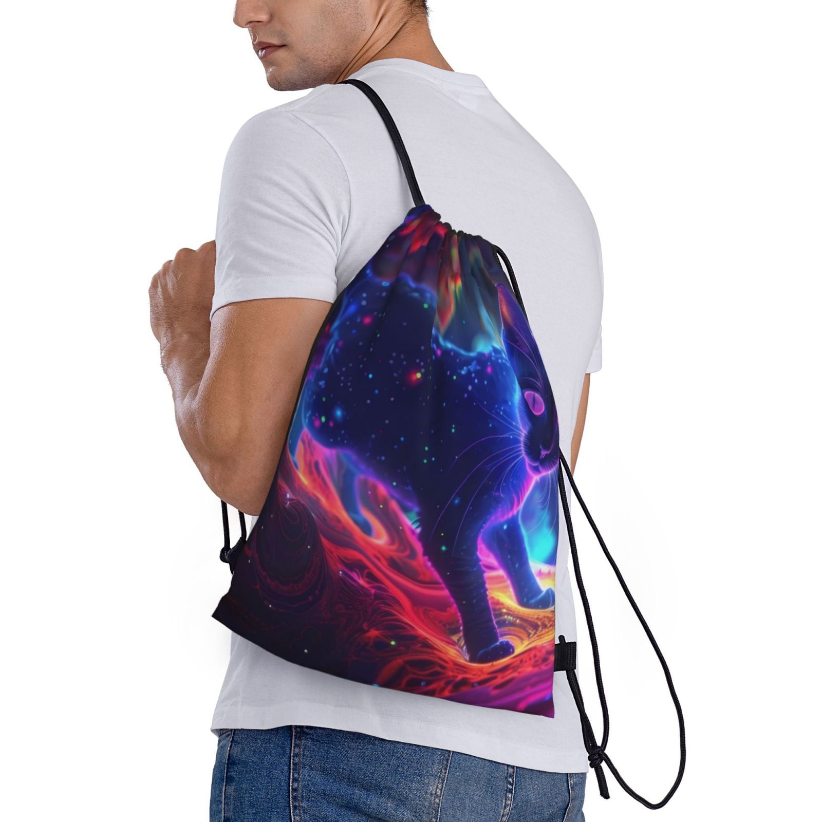 Ratiio Cosmic Cat Psychedelic Journey Print Drawstring Backpack Bag ...