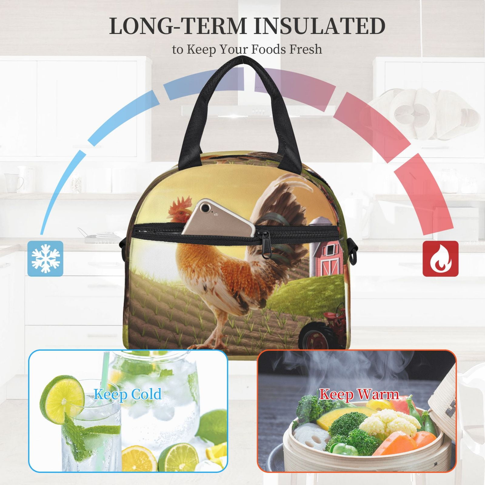 Ratiio Country Farm Morning Rooster Pattern Lunch Bag ,Insulated Lunch ...