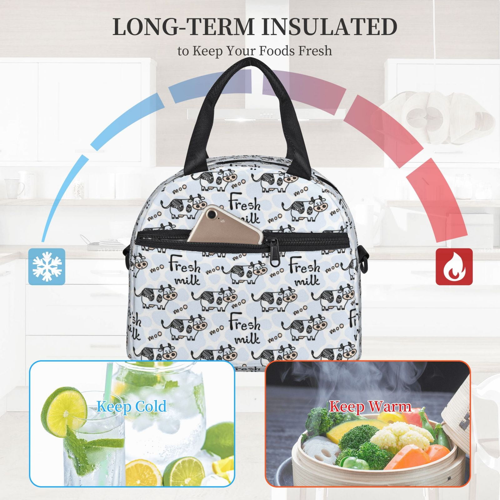 Ratiio Cow With Fresh Milk Pattern Lunch Bag ,Insulated Lunch Box ...