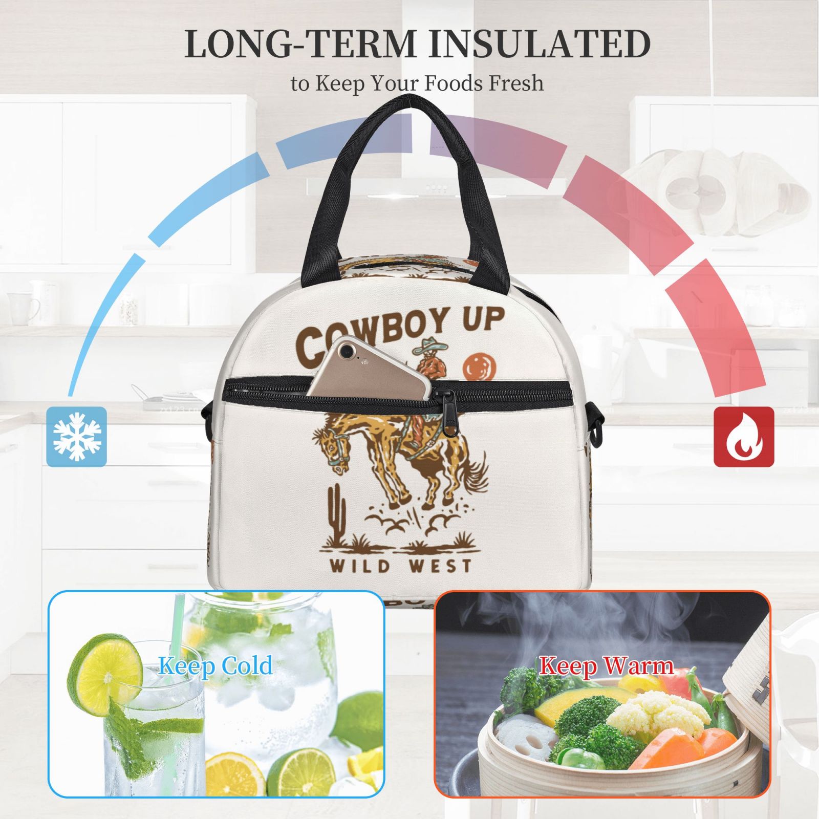 Ratiio Cowboy Up Vintage Wild West Pattern Lunch Bag ,Insulated Lunch ...