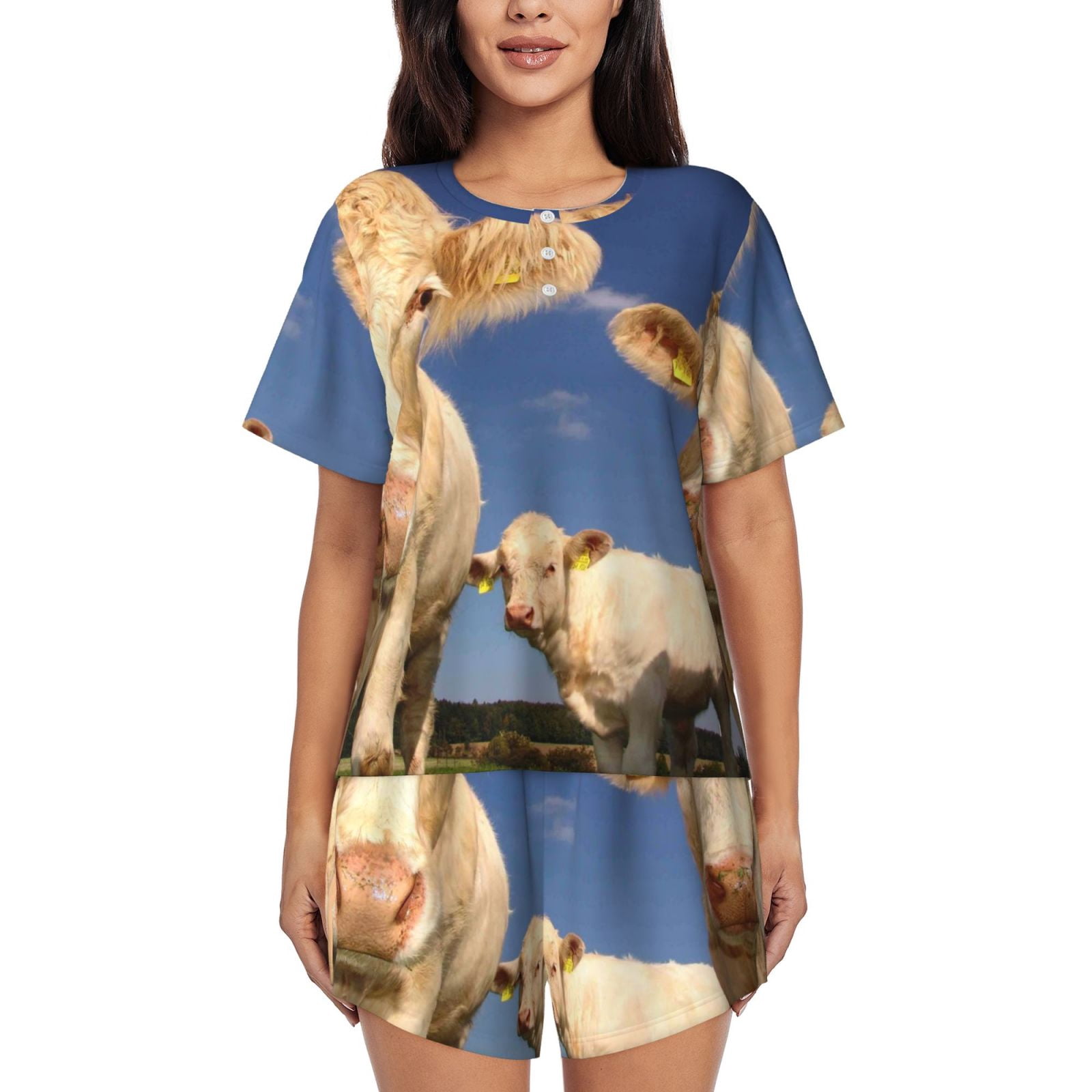 Ratiio Cows Cattles Print Womens Pajama Sets 2 Piece Soft Short Sleeve ...