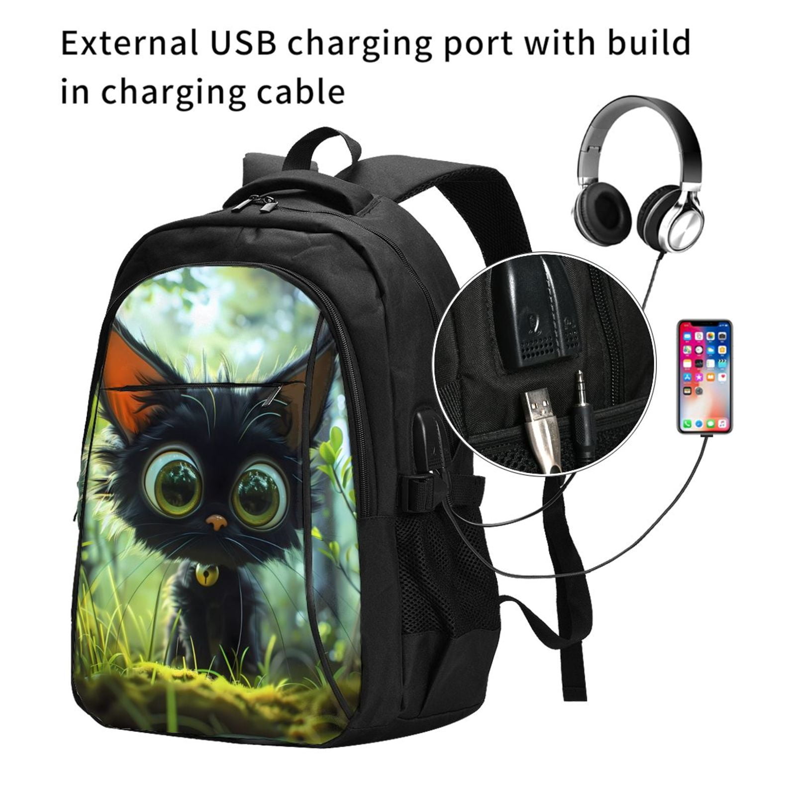 Ratiio Cute Big-Eyed Black Cat Print Travel Laptop Backpack,Slim Sturdy ...